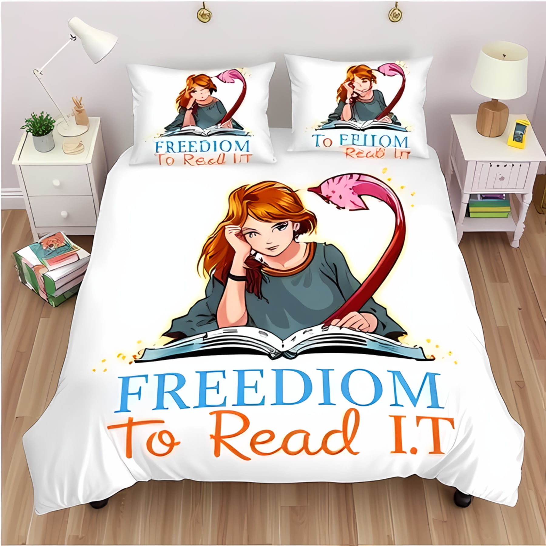 3-Piece Duvet Cover Set with Whimsical Young Woman Reading Fiery Red ...
