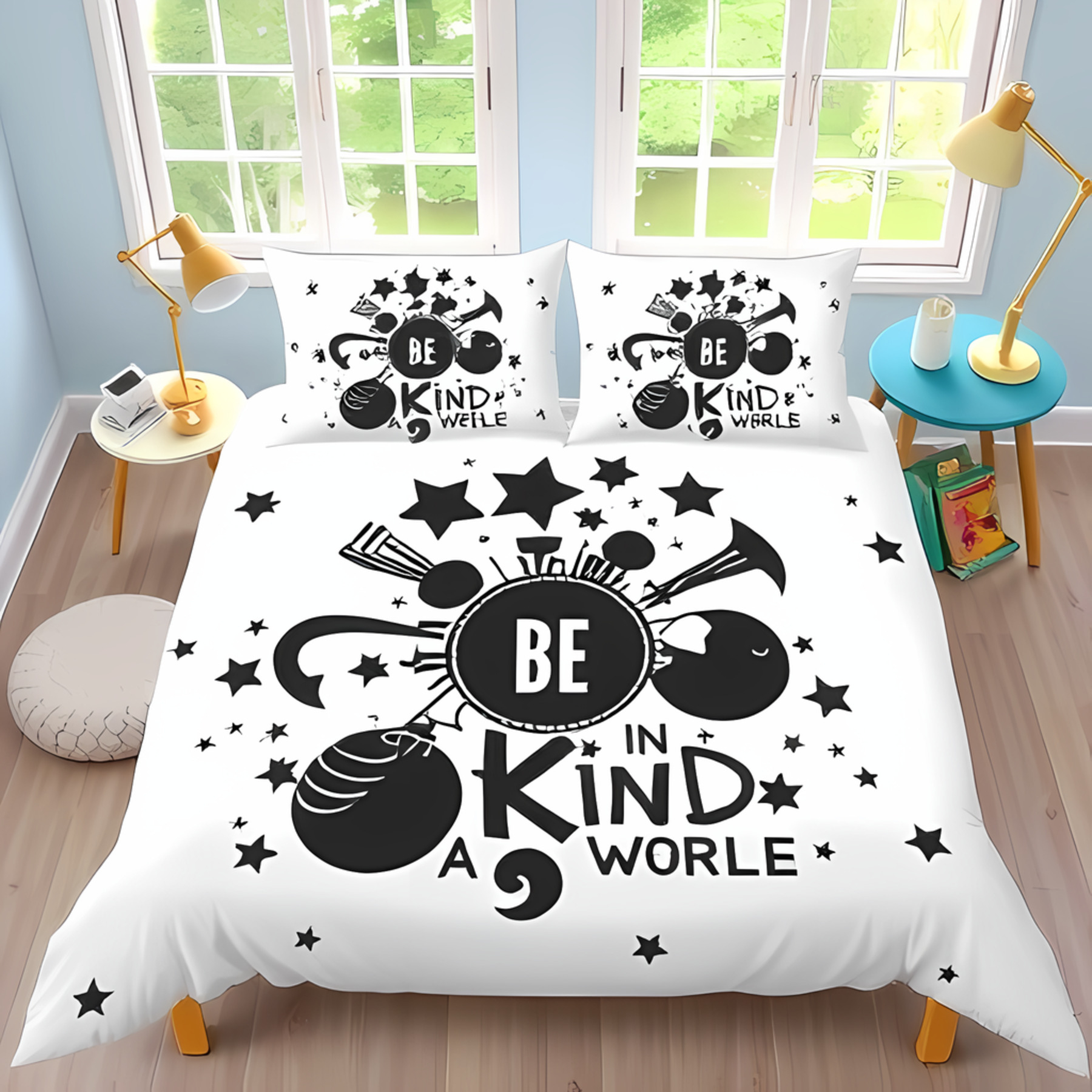 3-Piece Duvet Cover Set - White Bedding with Inspirational 'BE KIND IN ...