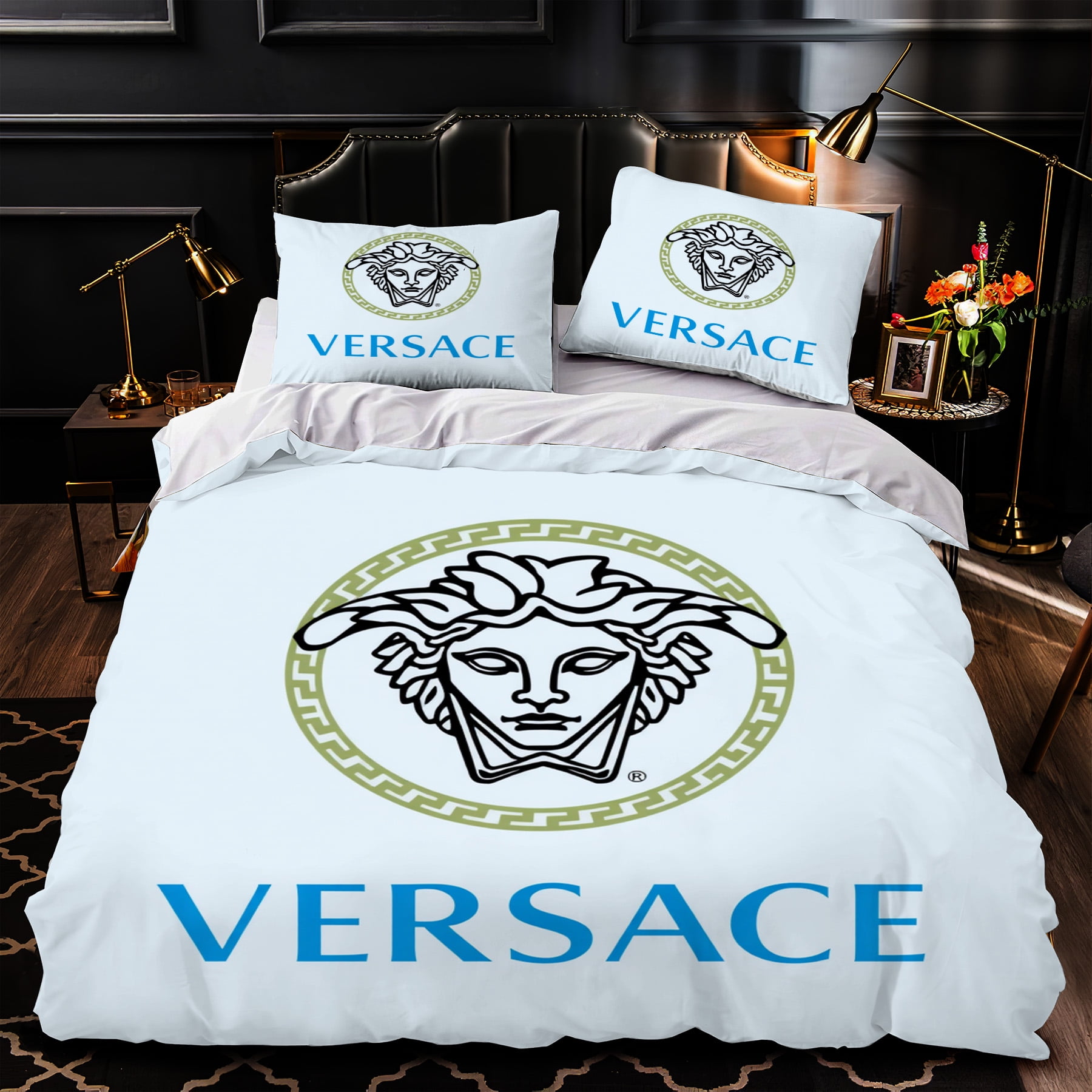 3-Piece Duvet Cover Set - White with Blue & Greek Key Pattern Bedding ...