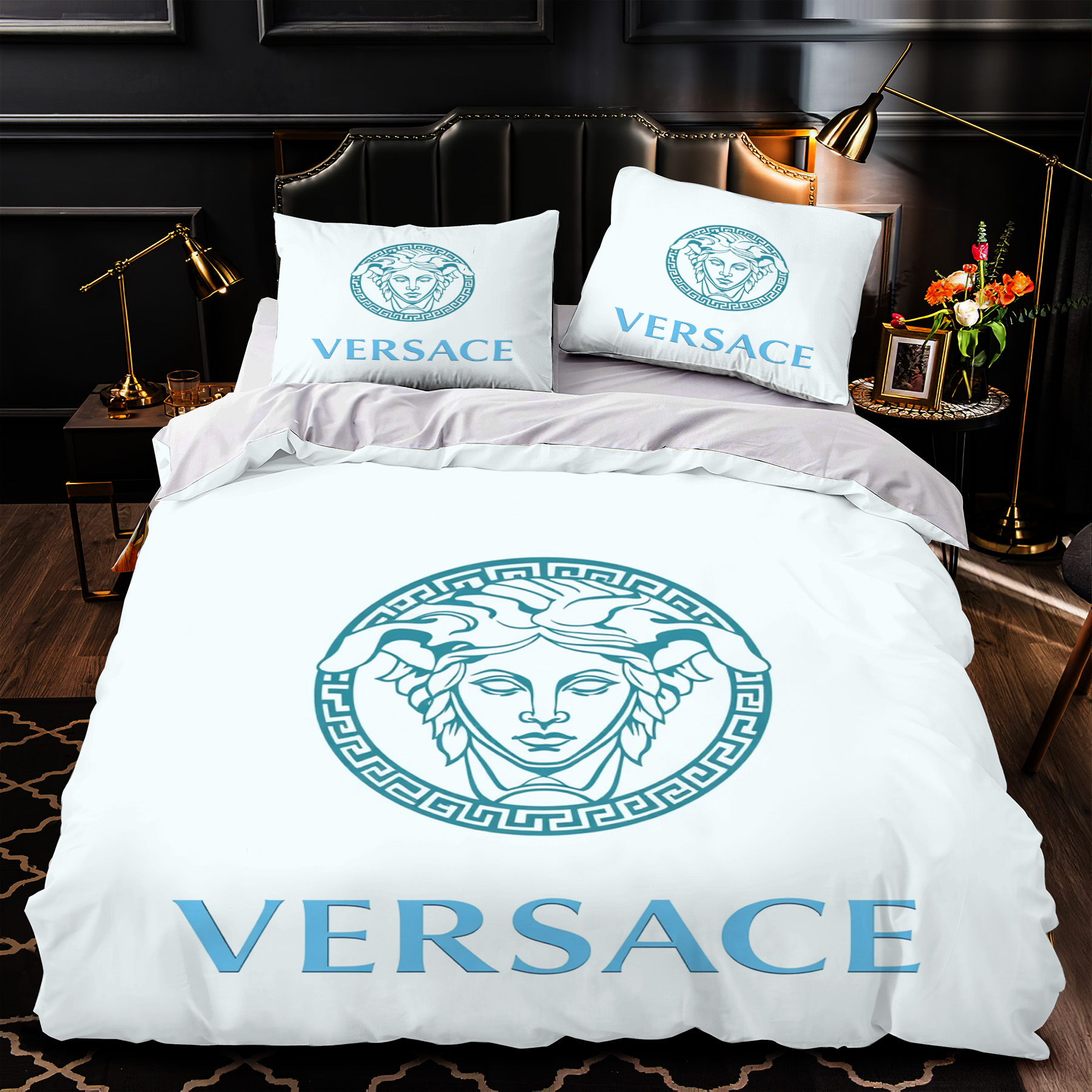 3-Piece Duvet Cover Set - White with Classical & Greek Key Pattern ...