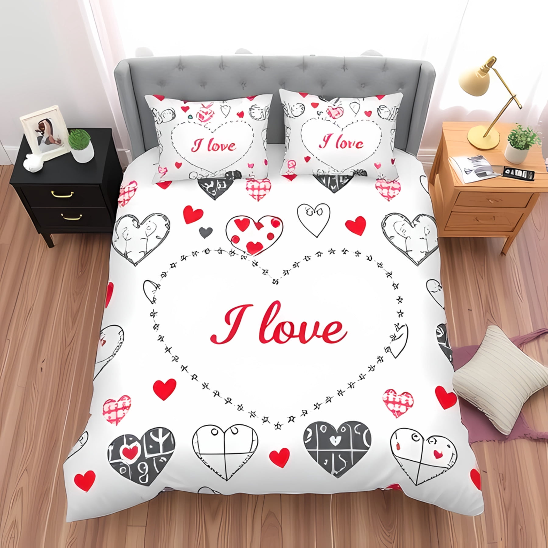 3-Piece Duvet Cover Set - White with Colorful Heart Patterns 'I Love ...