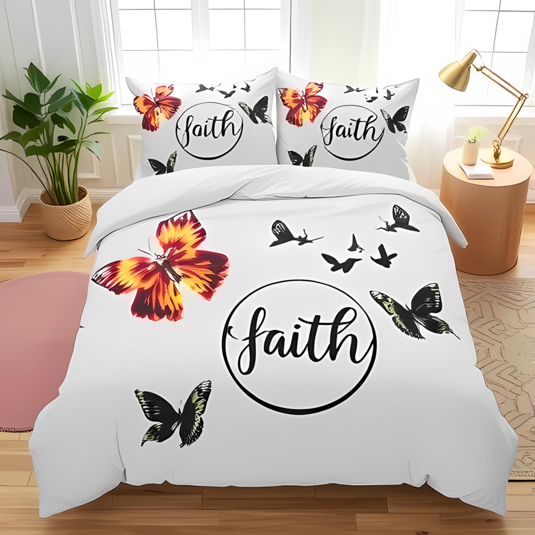 3-Piece Duvet Cover Set - White with Elegant 'Faith' Script Vibrant ...