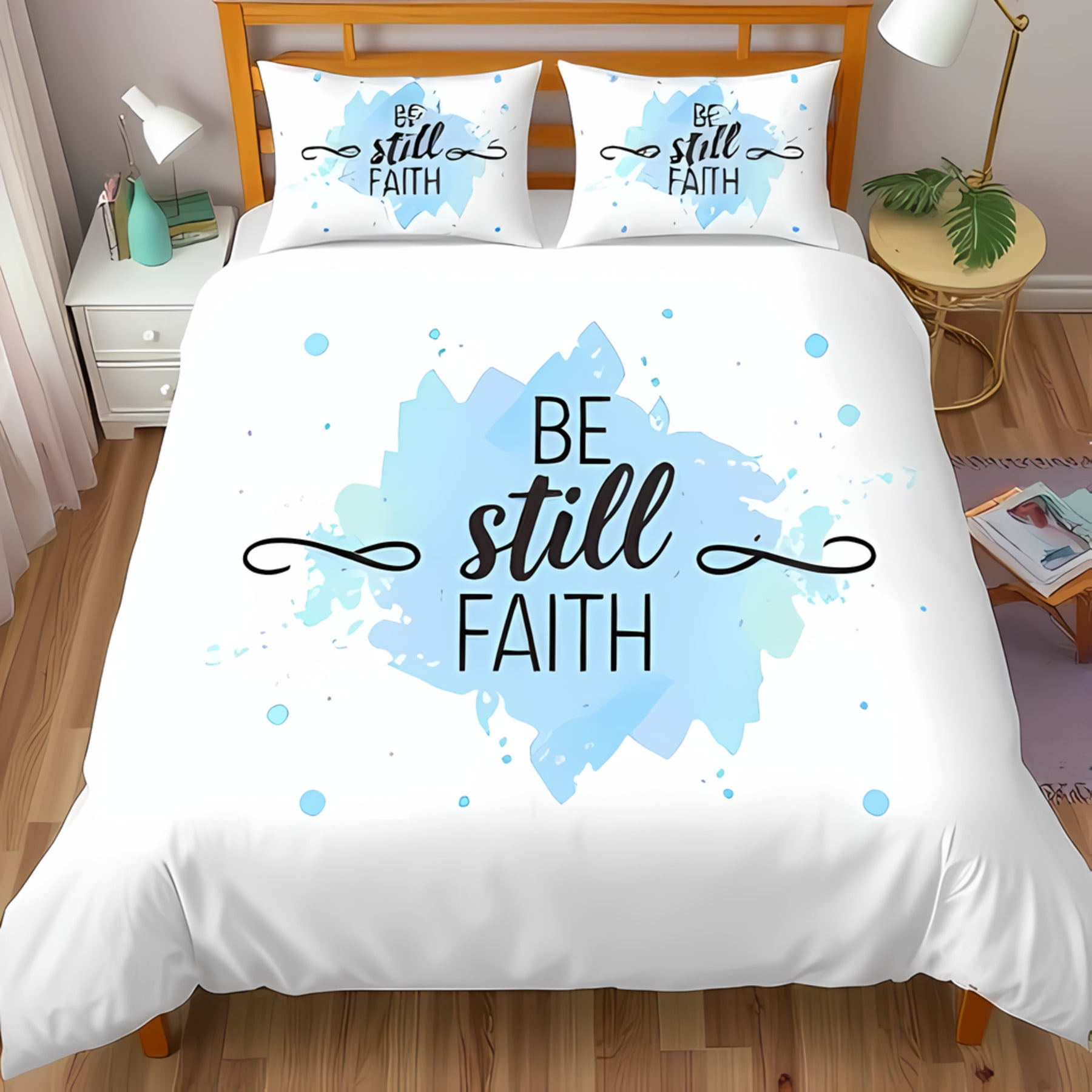 3-Piece Duvet Cover Set - White with Light Blue Watercolor Splatter ...