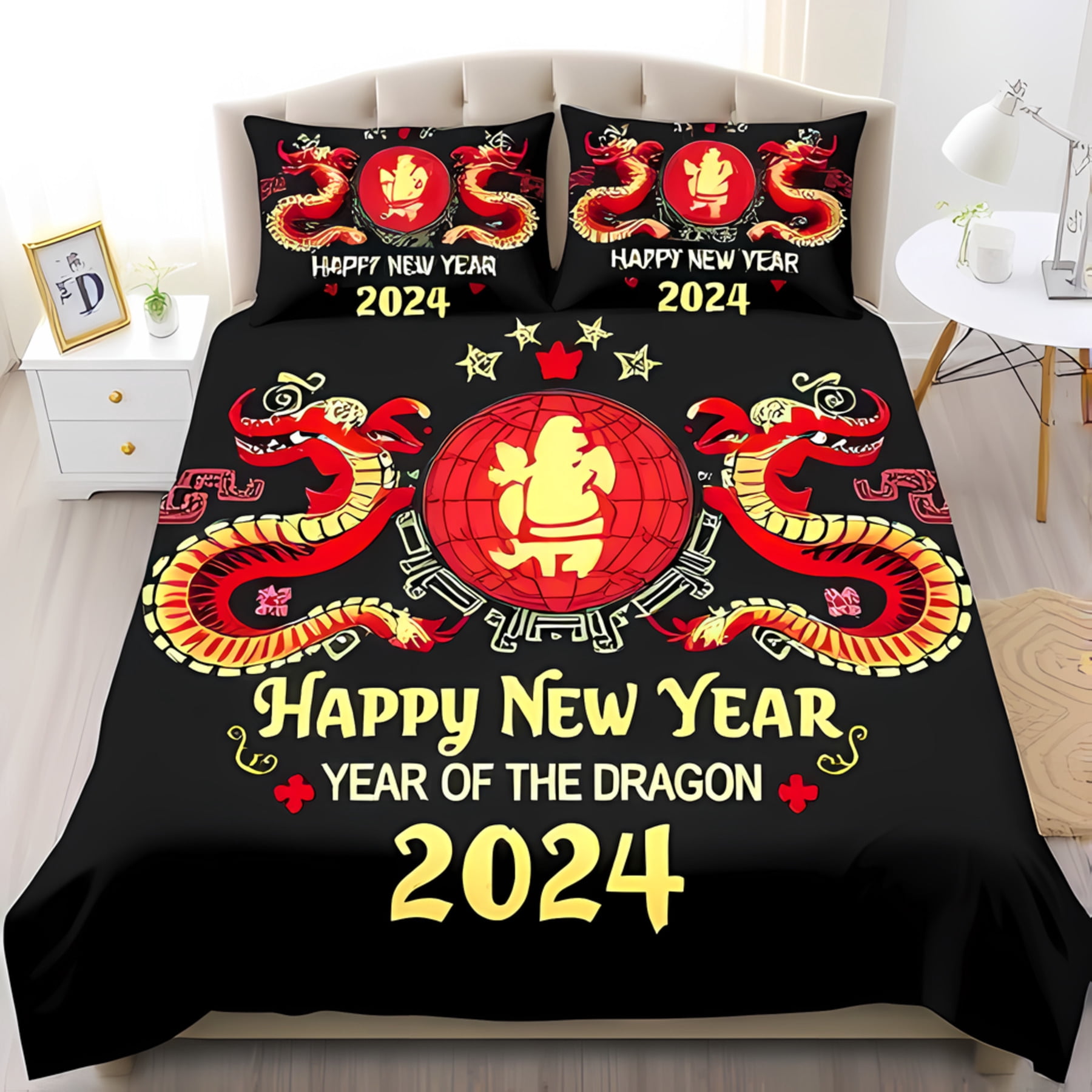 3-Piece Duvet Cover Set - Year of the Dragon 2024 Black Background with ...