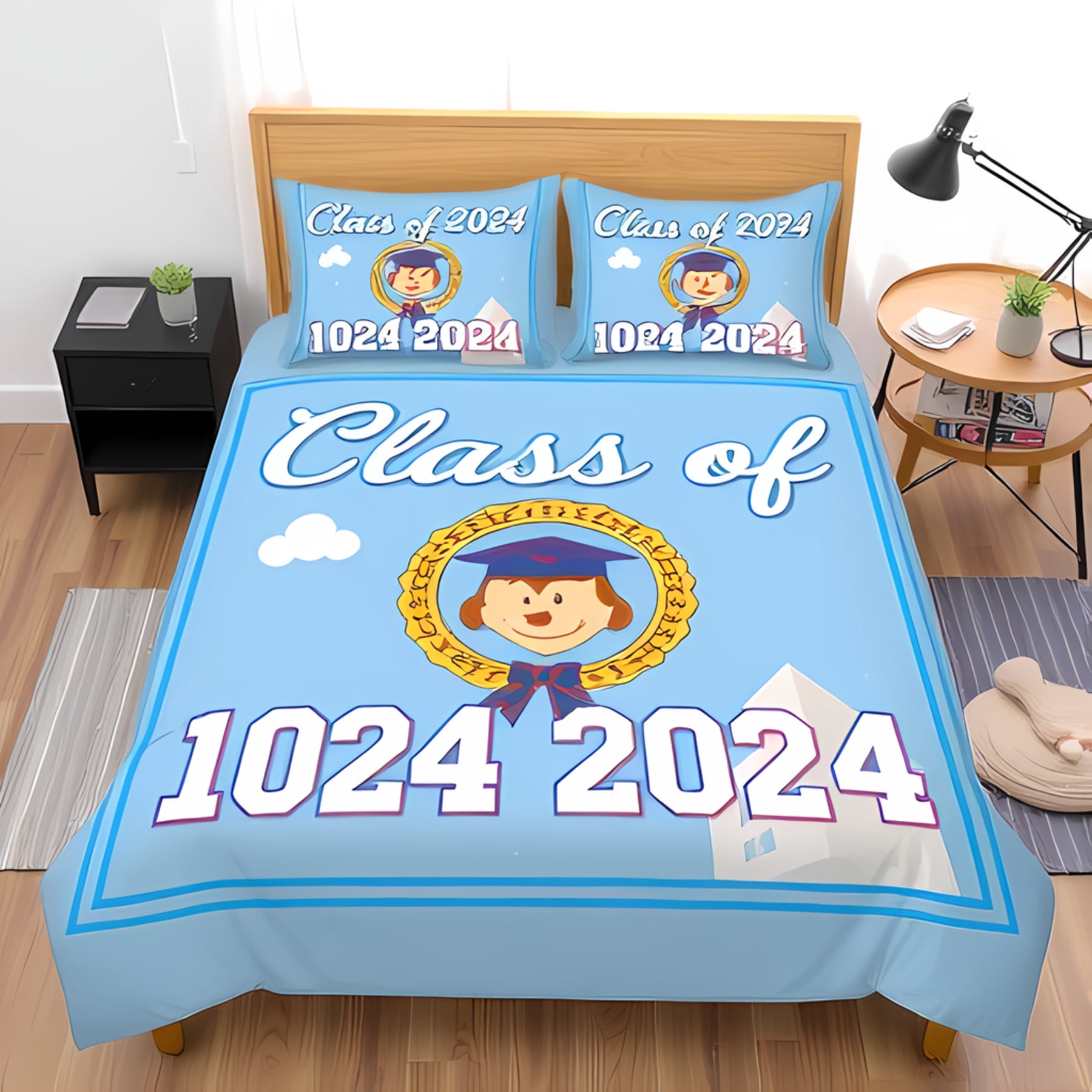 3-Piece Duvet Cover Set for Class of 2024 - Bright Blue with Cartoon ...
