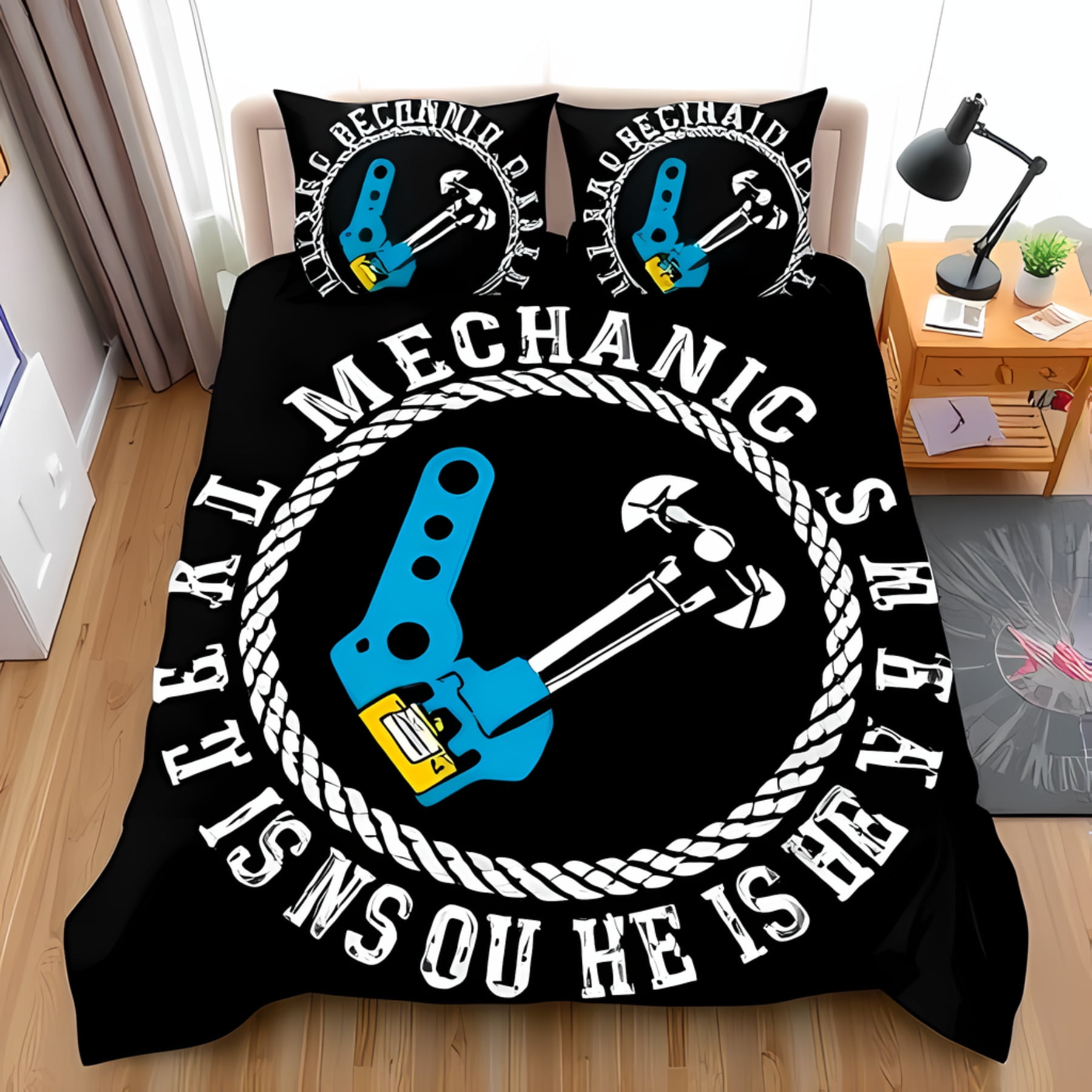 3-Piece Duvet Cover Set for Mechanics - Bold Wrench Design on Black ...