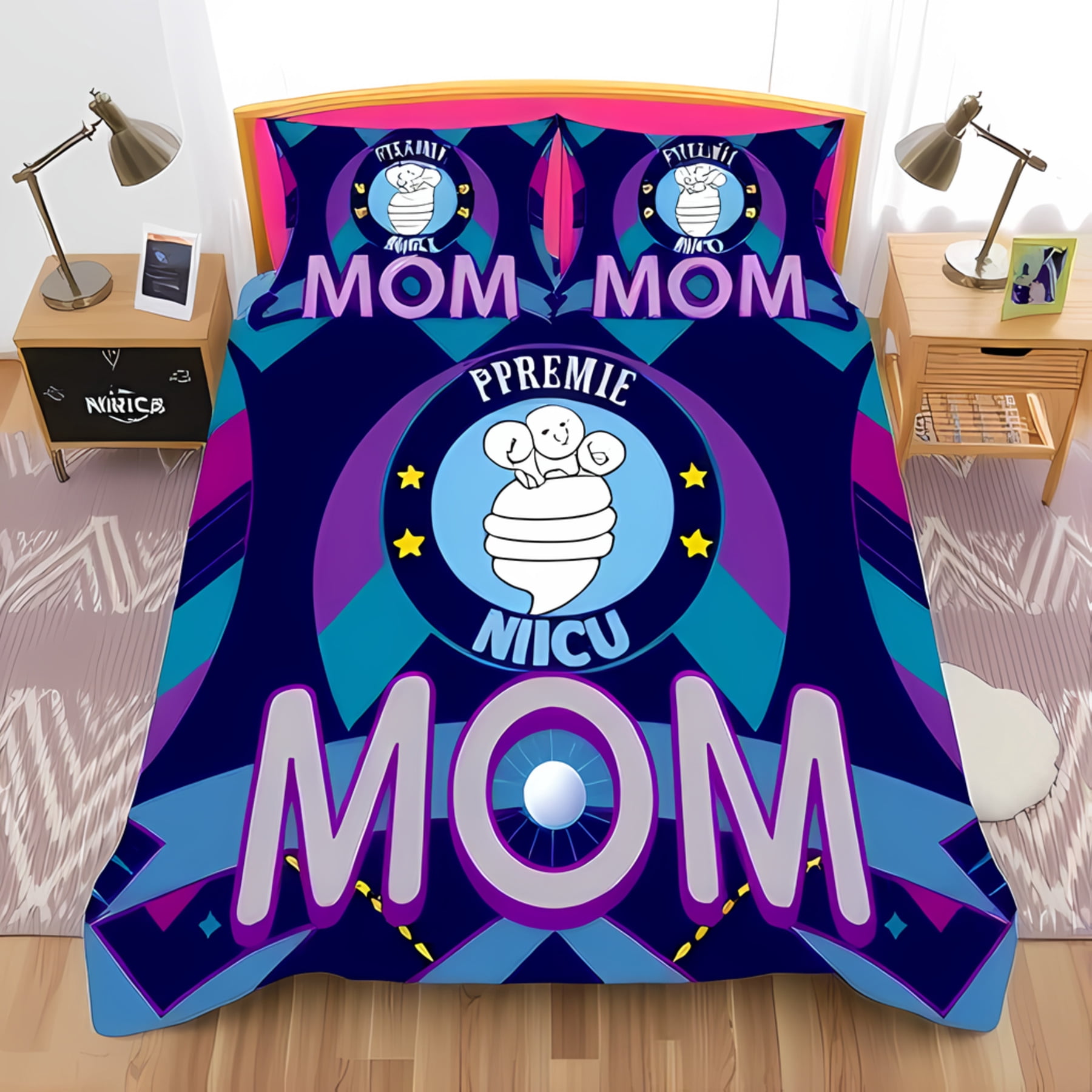 3-Piece Duvet Cover Set for Preemie Moms - Bold Blue & Purple " MOM ...