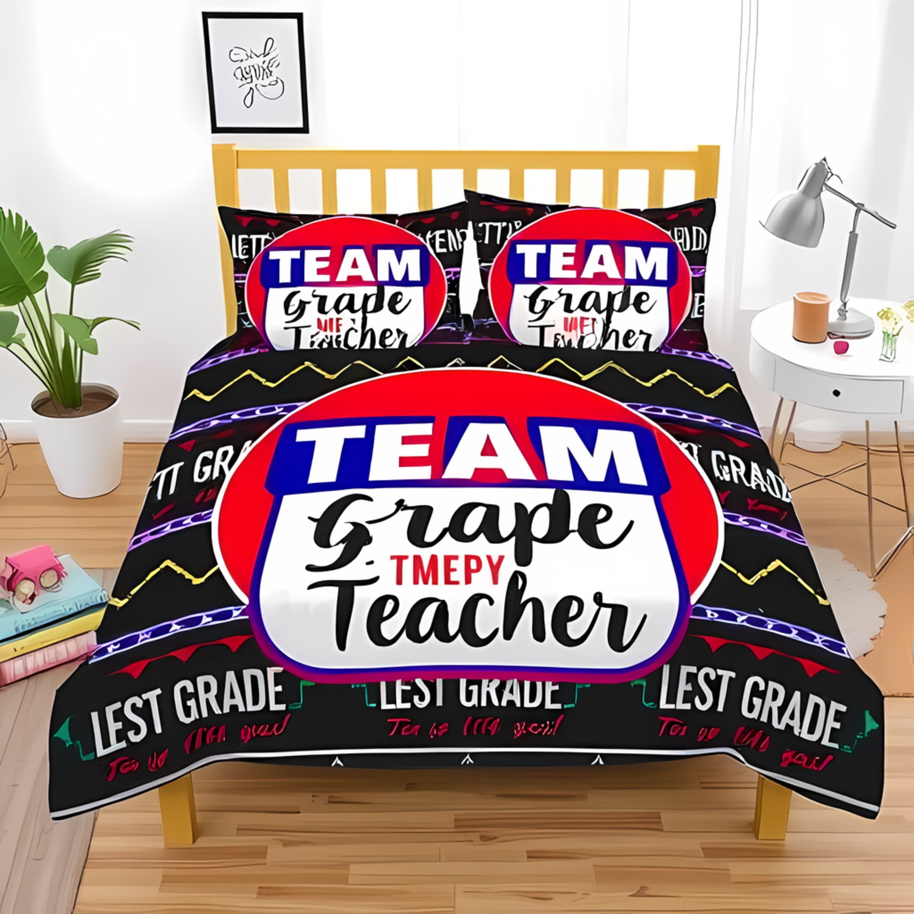 3-Piece Duvet Cover Set for Teachers - 'TEAM Grape Teacher' & 'LET'S GRADE' Design in Bold ...
