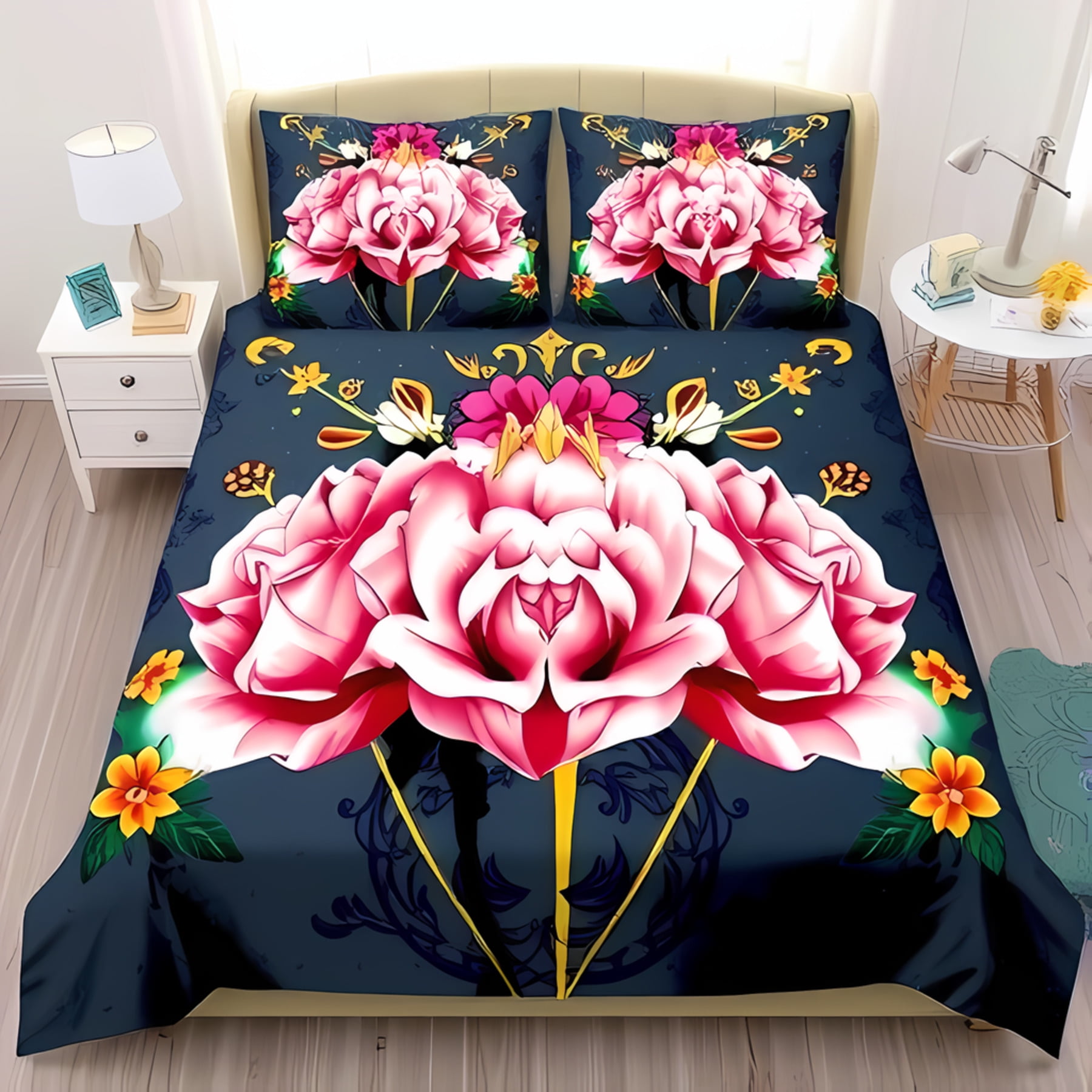 3-Piece Duvet Cover Set in Deep Navy Blue with Oversized Pink Peony ...