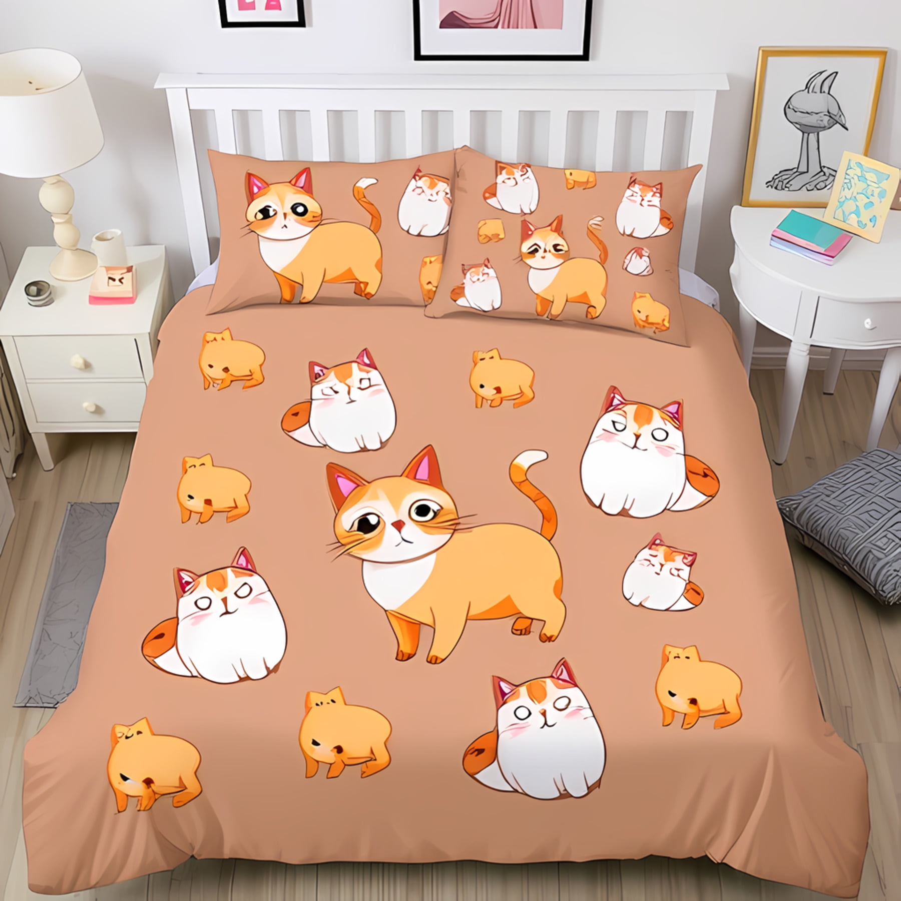 3-Piece Duvet Cover Set with Adorable Orange & White Cartoon Cats and ...