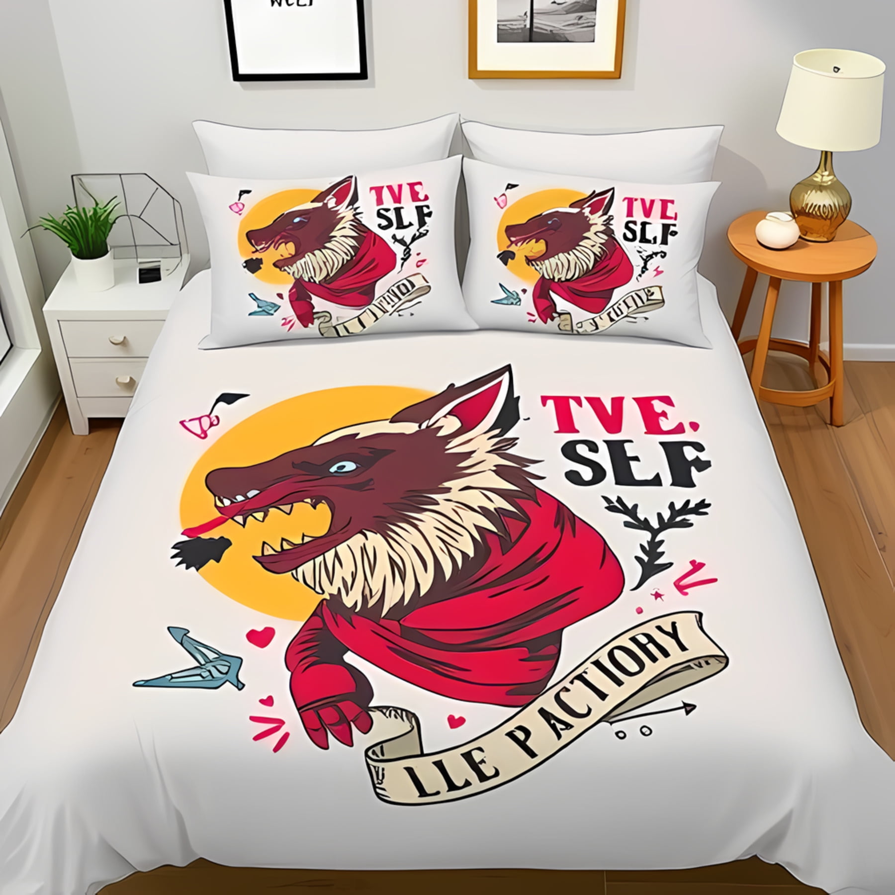 3-Piece Duvet Cover Set with Adorable Wolf Design in Red Scarf Hearts ...