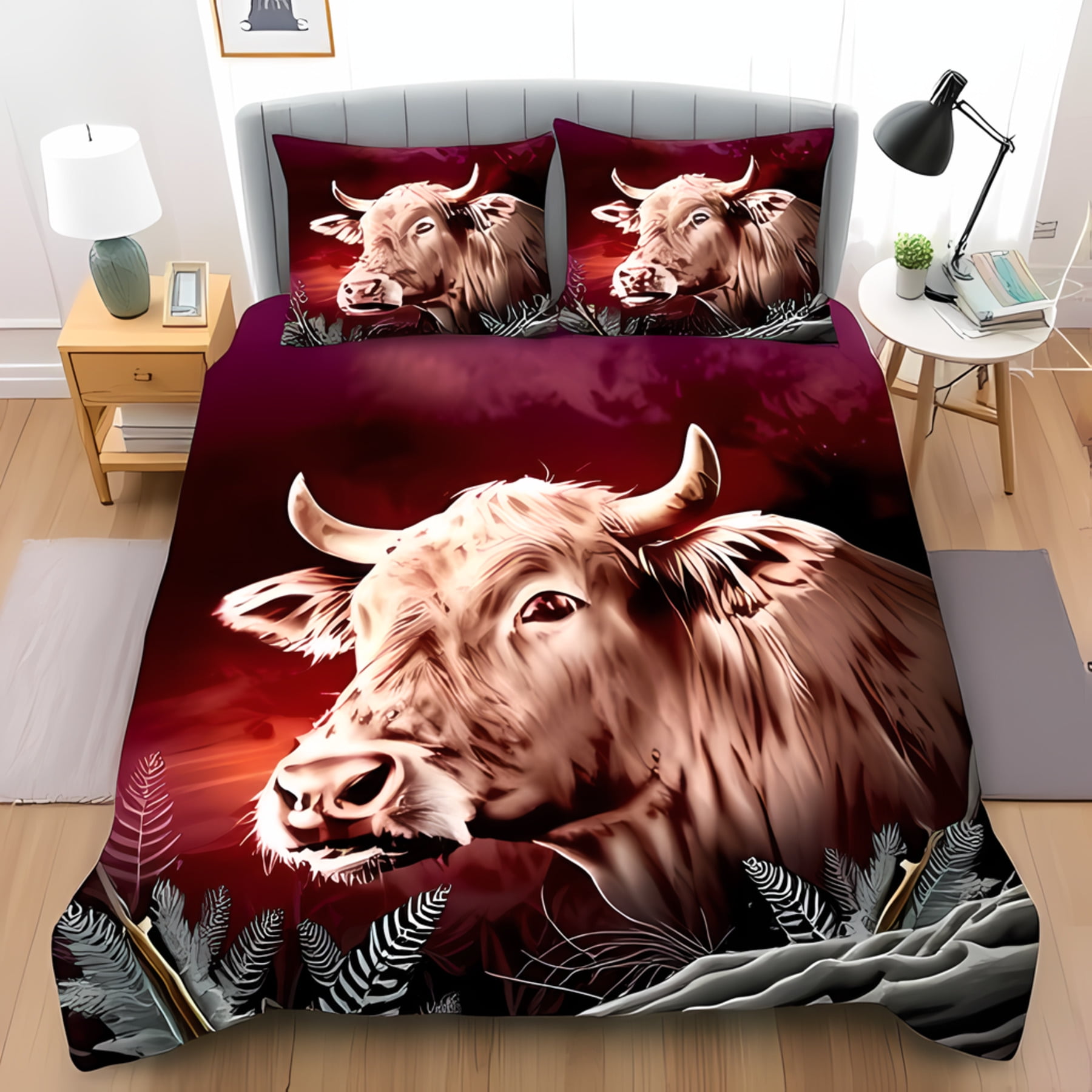 3-Piece Duvet Cover Set with Artistic Cow Head Design Intricate ...