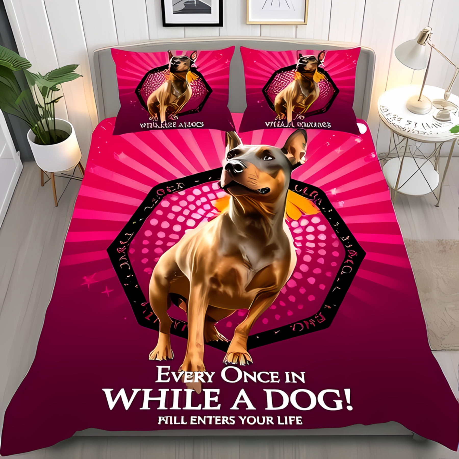3-Piece Duvet Cover Set with Artistic Doberman Design on Pink ...