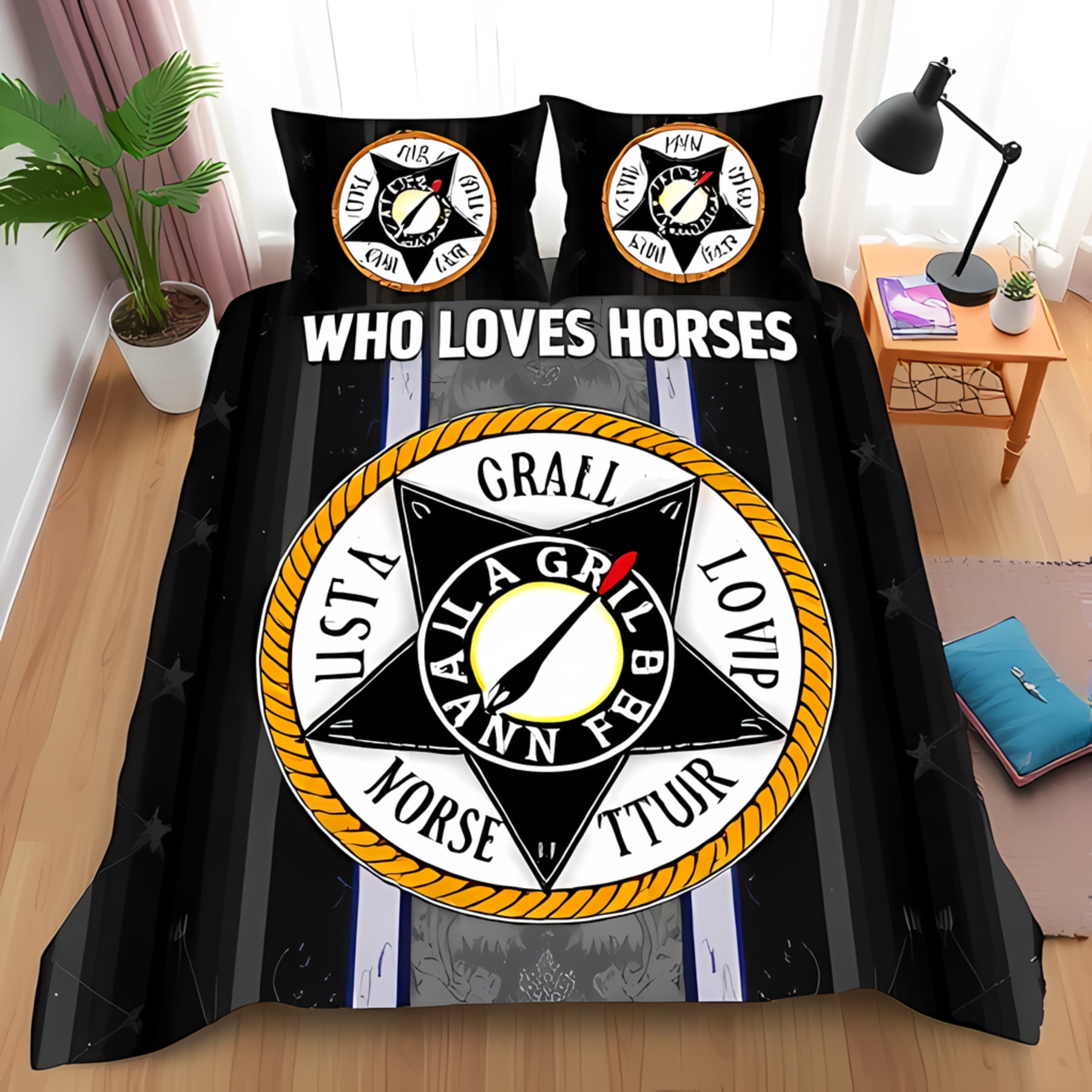 3-Piece Duvet Cover Set with Black Bedspread Featuring Circular Design " GRALL LOVE NORSE JUST A ...