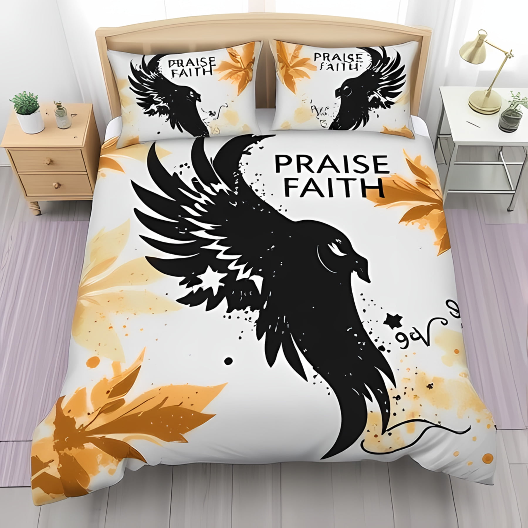 3-Piece Duvet Cover Set with Black Bird Design Muted Orange Leaf ...