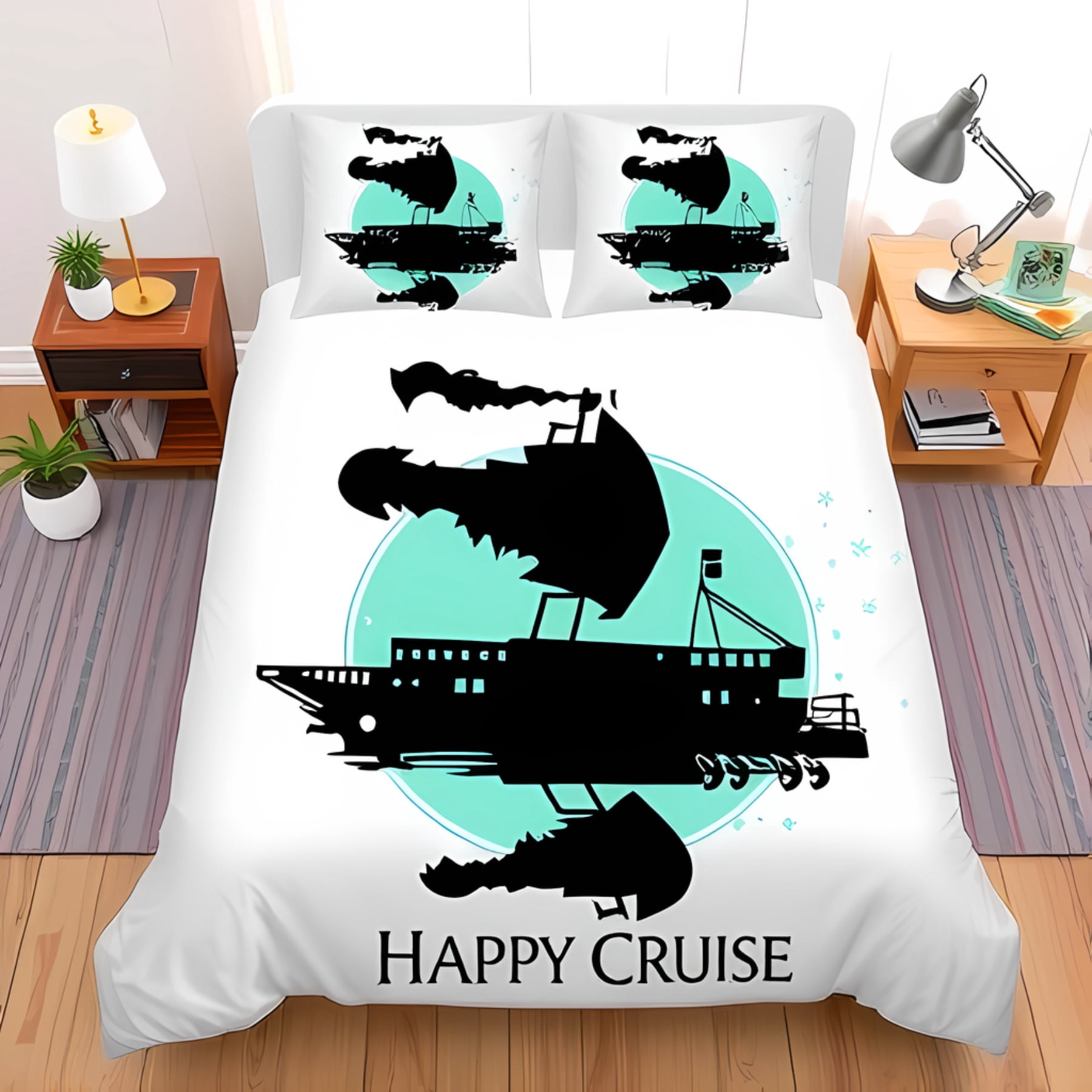 3-Piece Duvet Cover Set with Black Ship and Circular Background ...