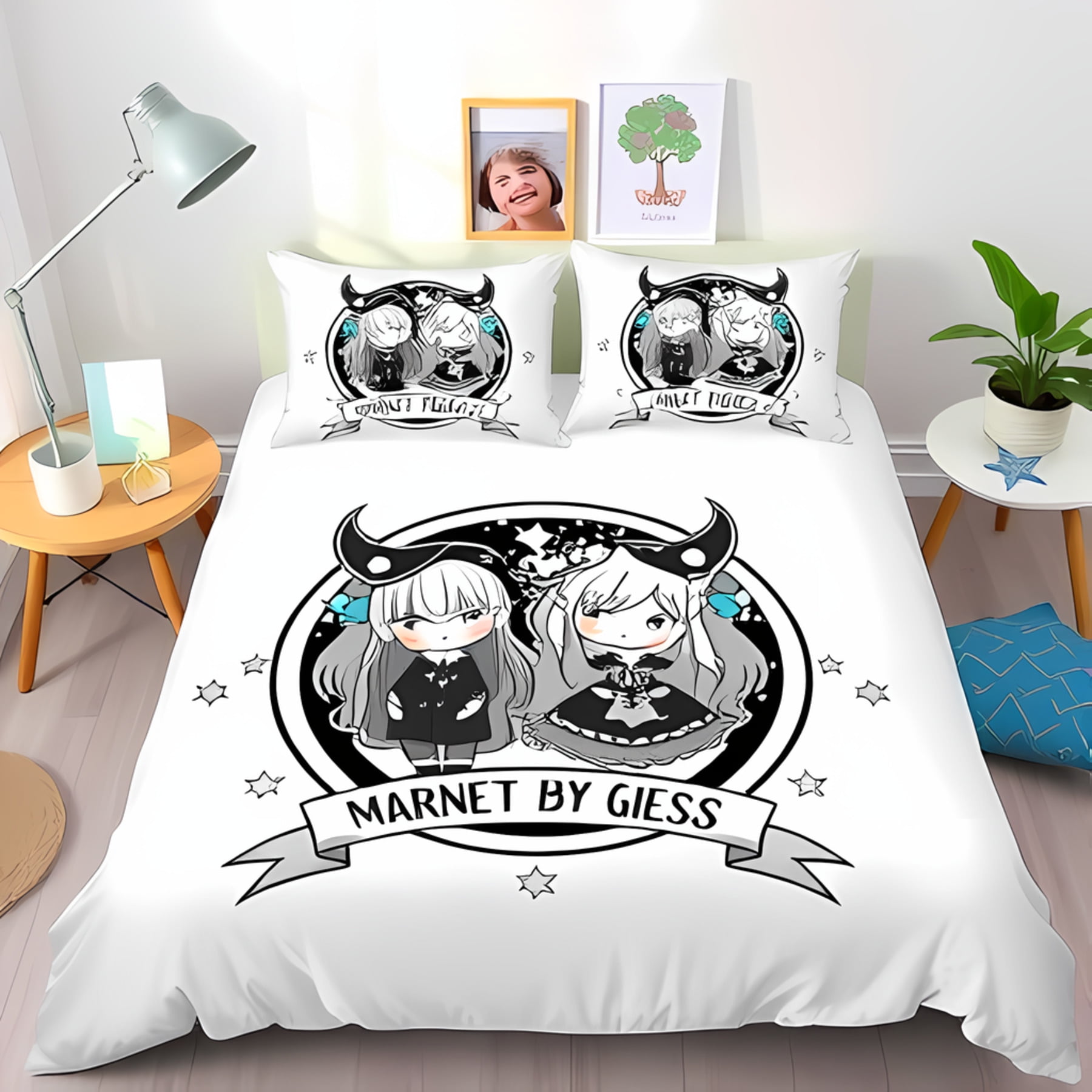 3-Piece Duvet Cover Set with Black & White Cartoon Characters Stars ...