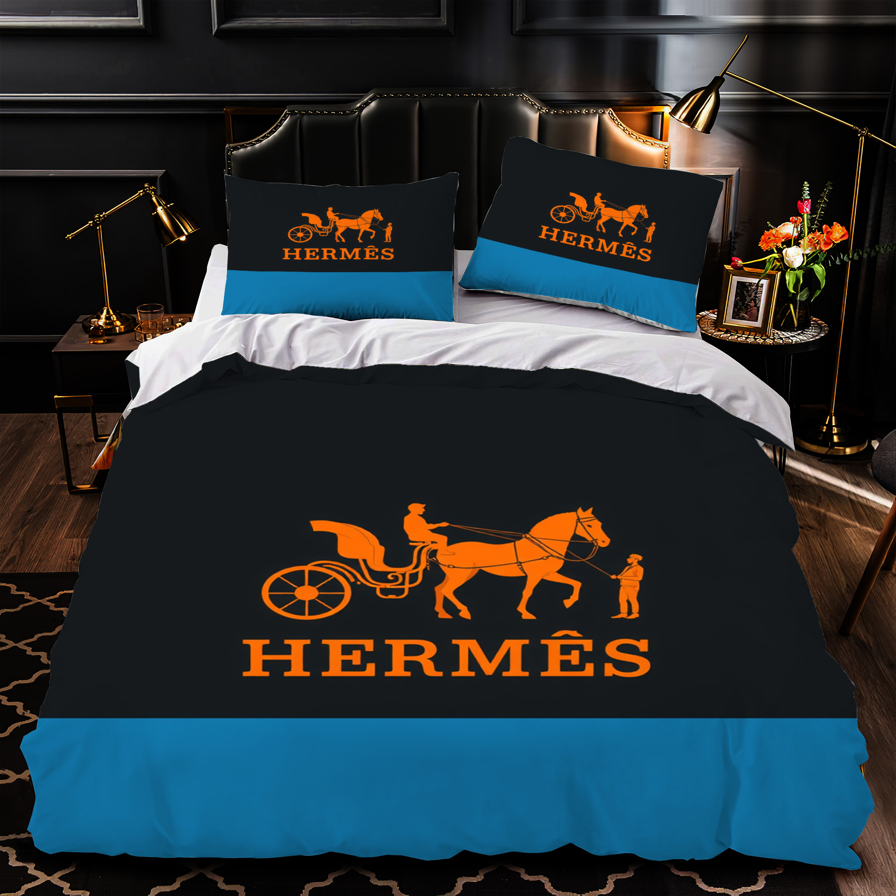 3-Piece Duvet Cover Set with Black and Blue Horse & Carriage Design ...
