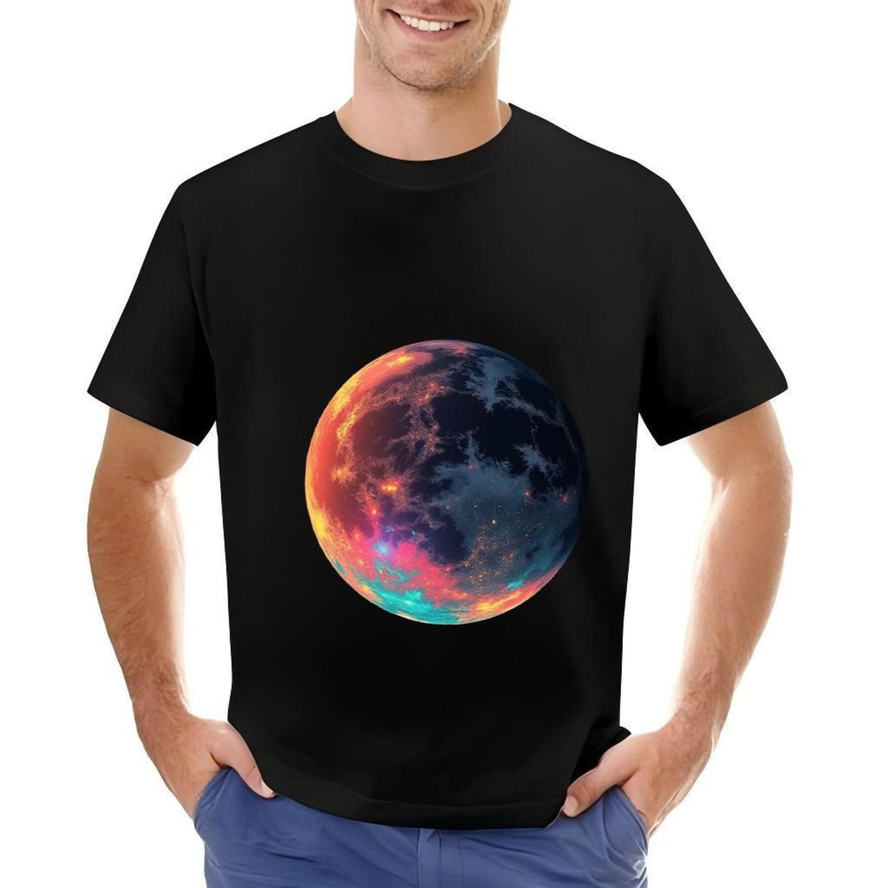 Vibrant Moon Cotton Short Sleeve T-Shirt for Men - Colorful Orange Pink ...