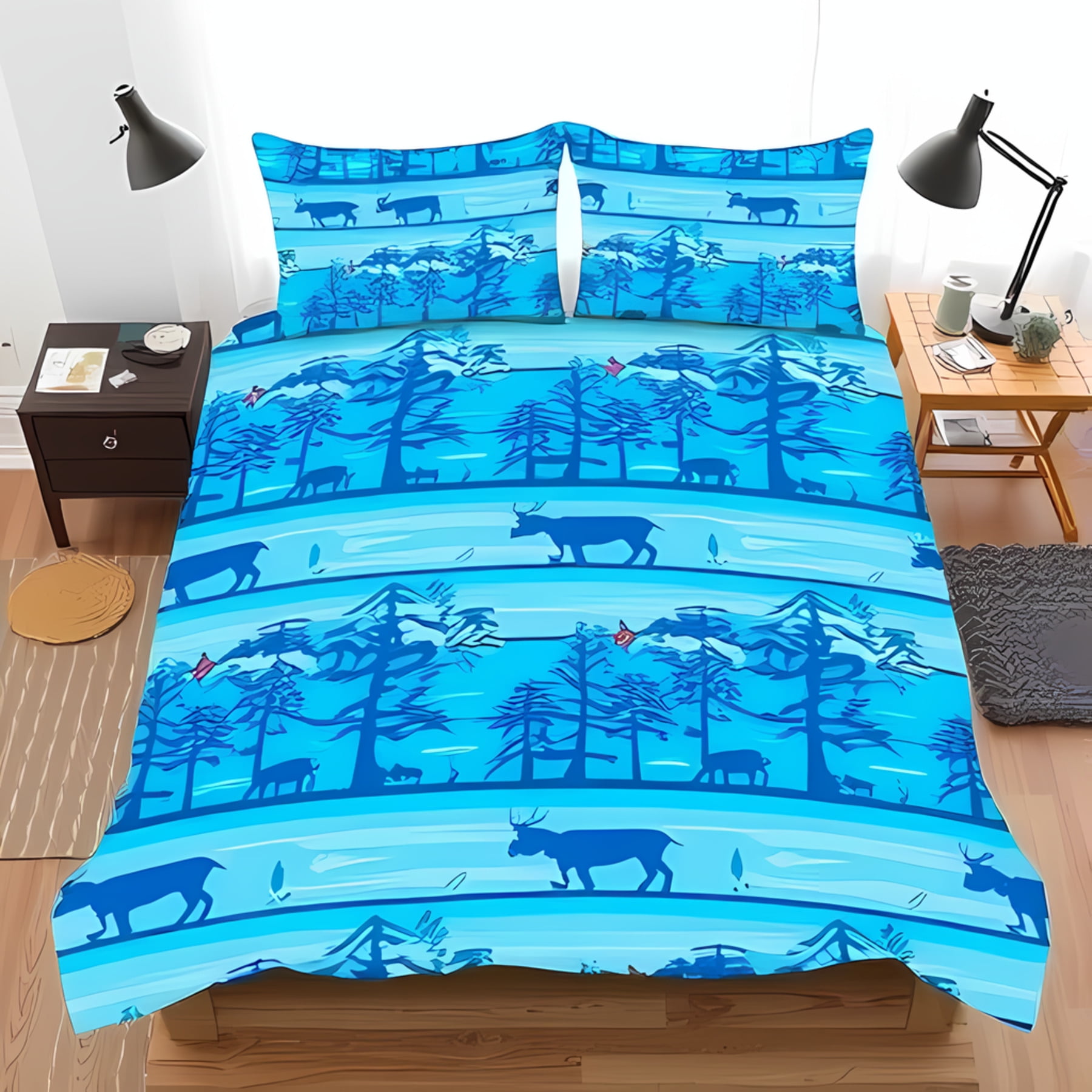 3-Piece Duvet Cover Set with Blue Forest Scene Wildlife Silhouettes on ...