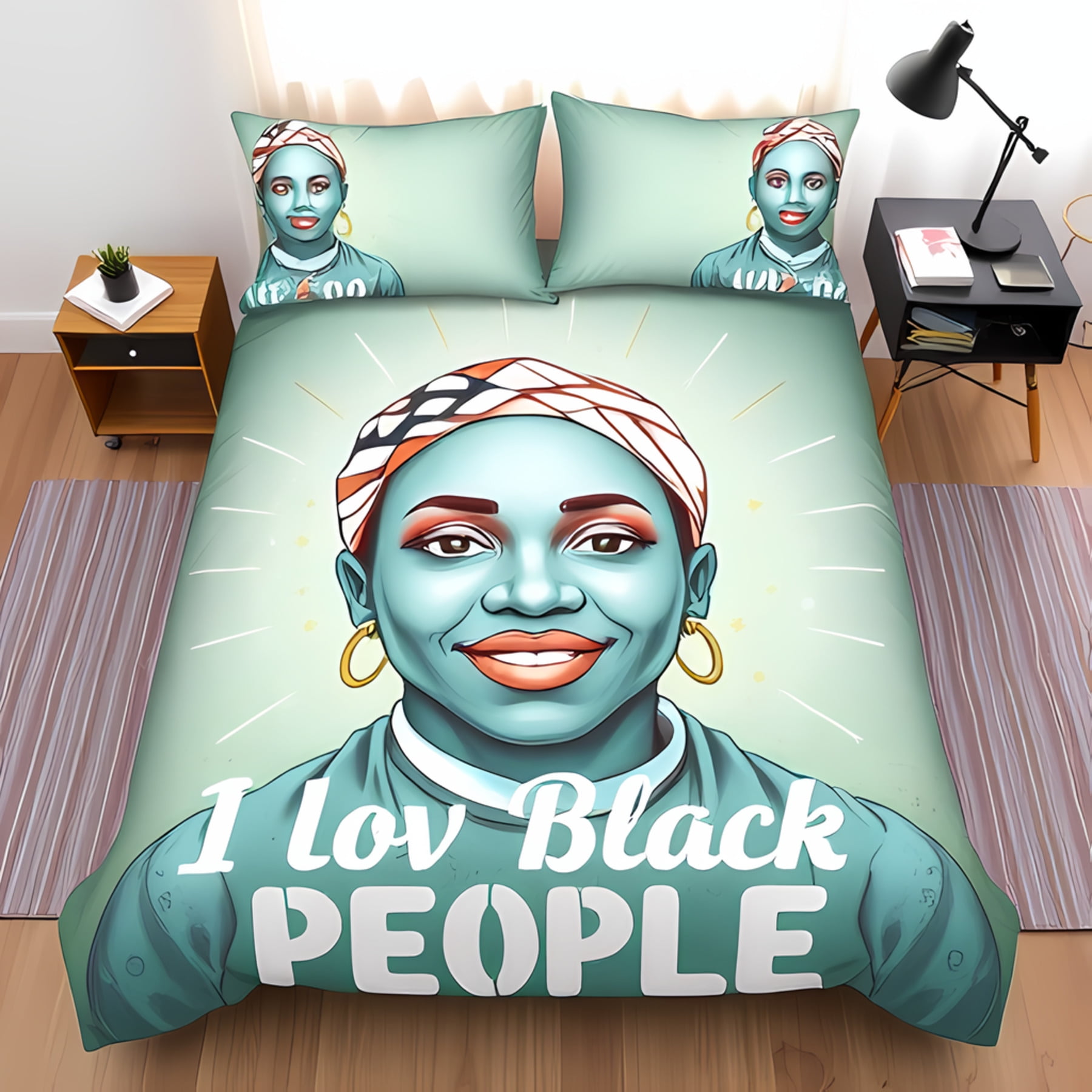 3-Piece Duvet Cover Set with Blue - Skinned Portrait Headscarf & " I ...