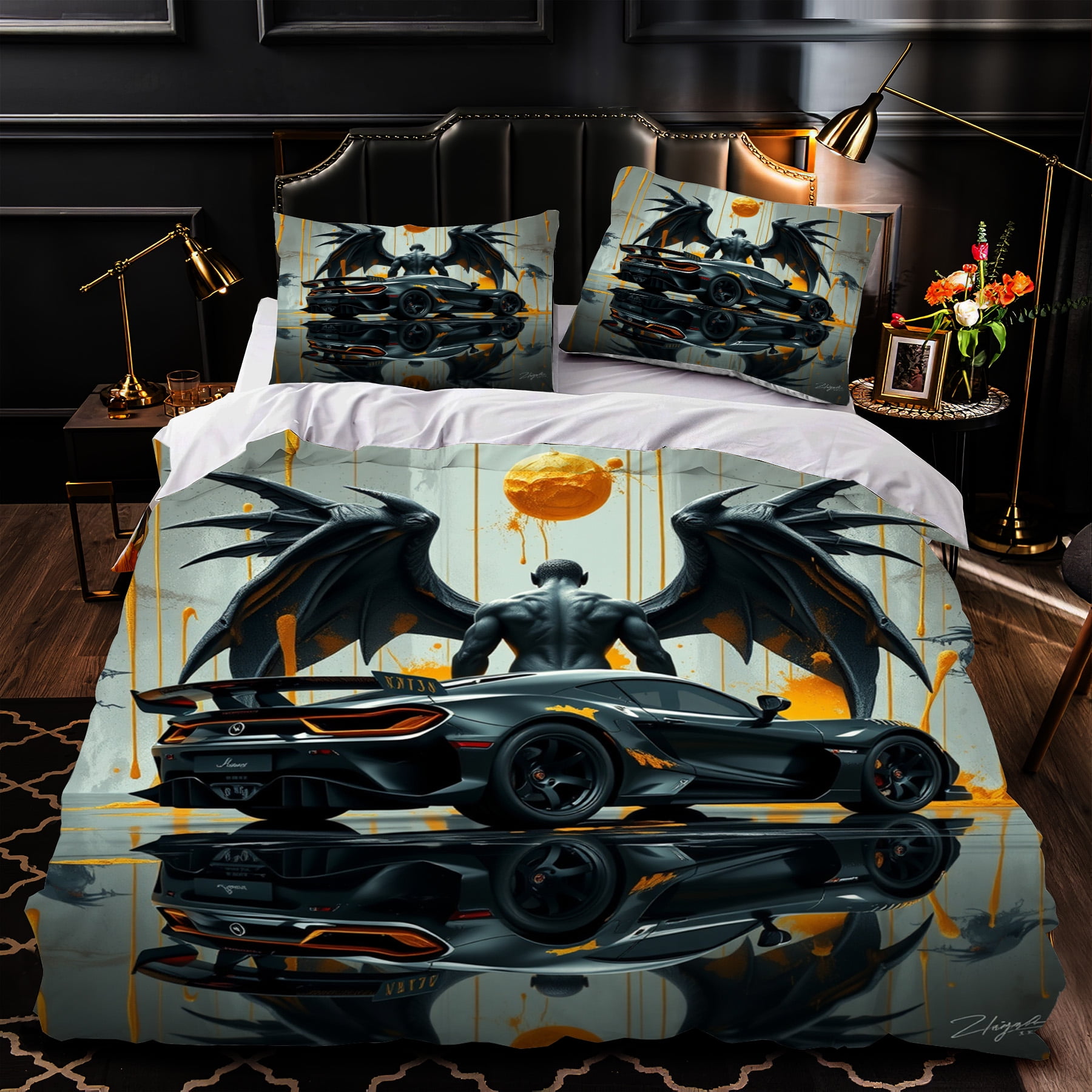3-Piece Duvet Cover Set with Bold Bat-Themed Design Modern White Sheets ...