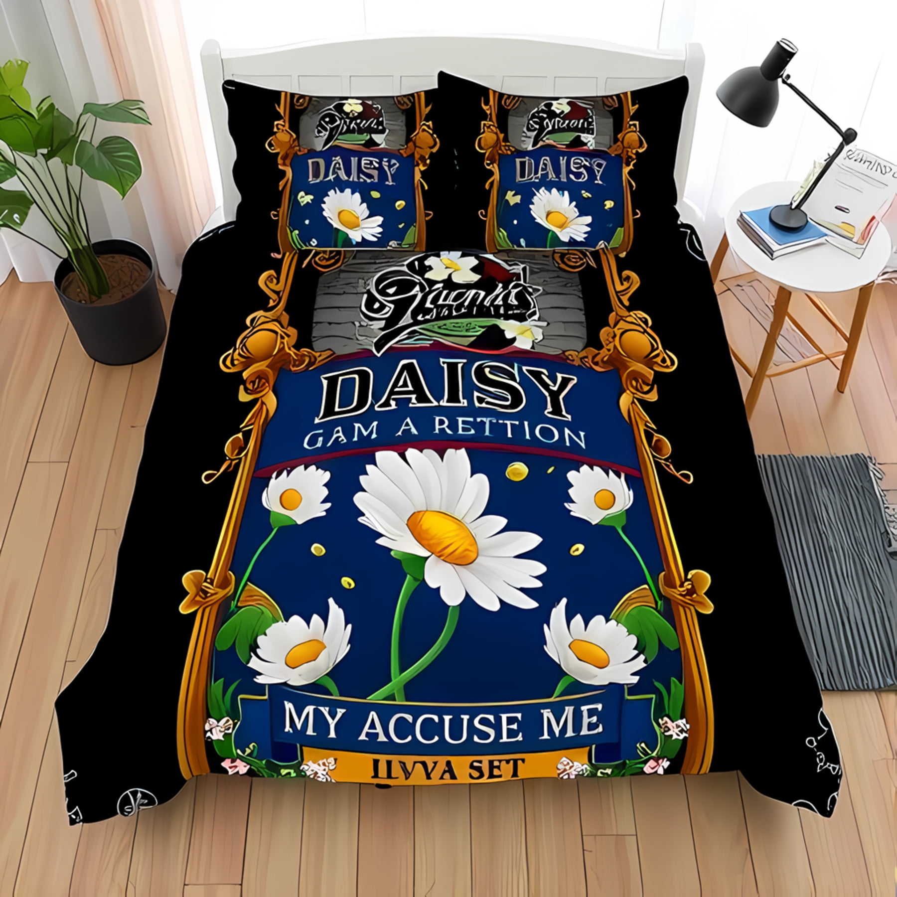 3-Piece Duvet Cover Set with Bold Black Backdrop & Playful Daisy Design ...