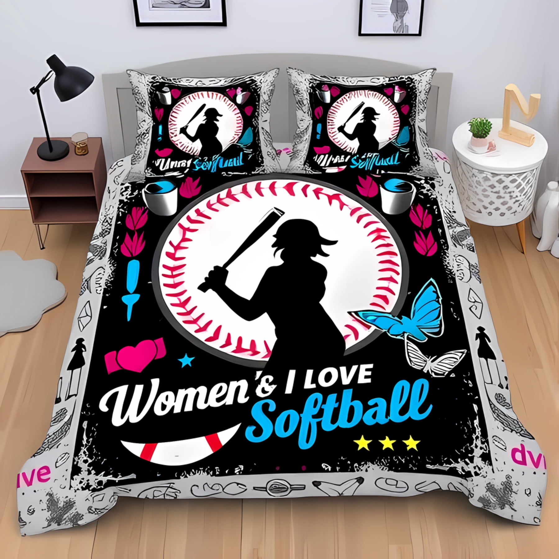 3-Piece Duvet Cover Set with Bold Black Background Female Softball ...