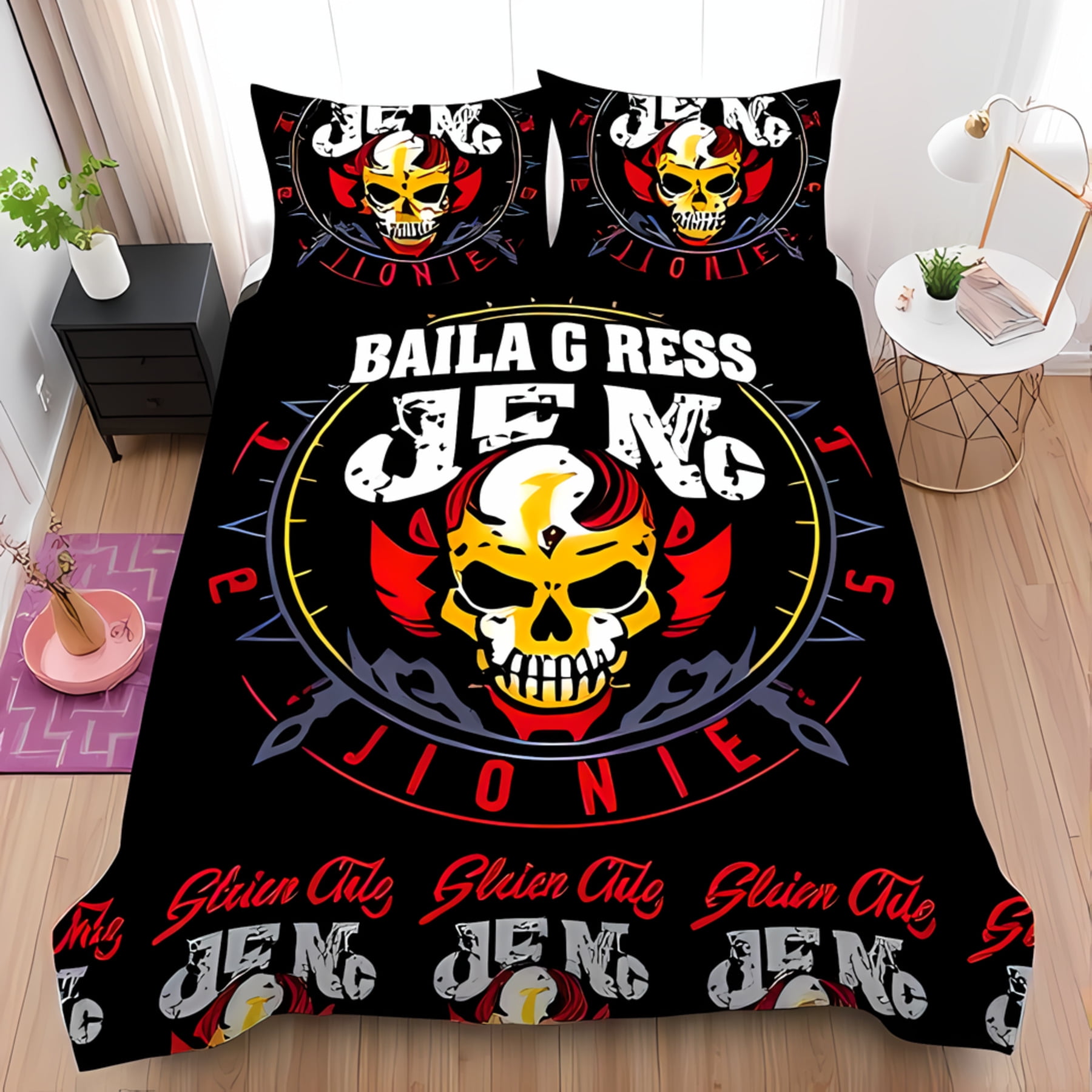 3-Piece Duvet Cover Set with Bold Black Background Menacing Design ...