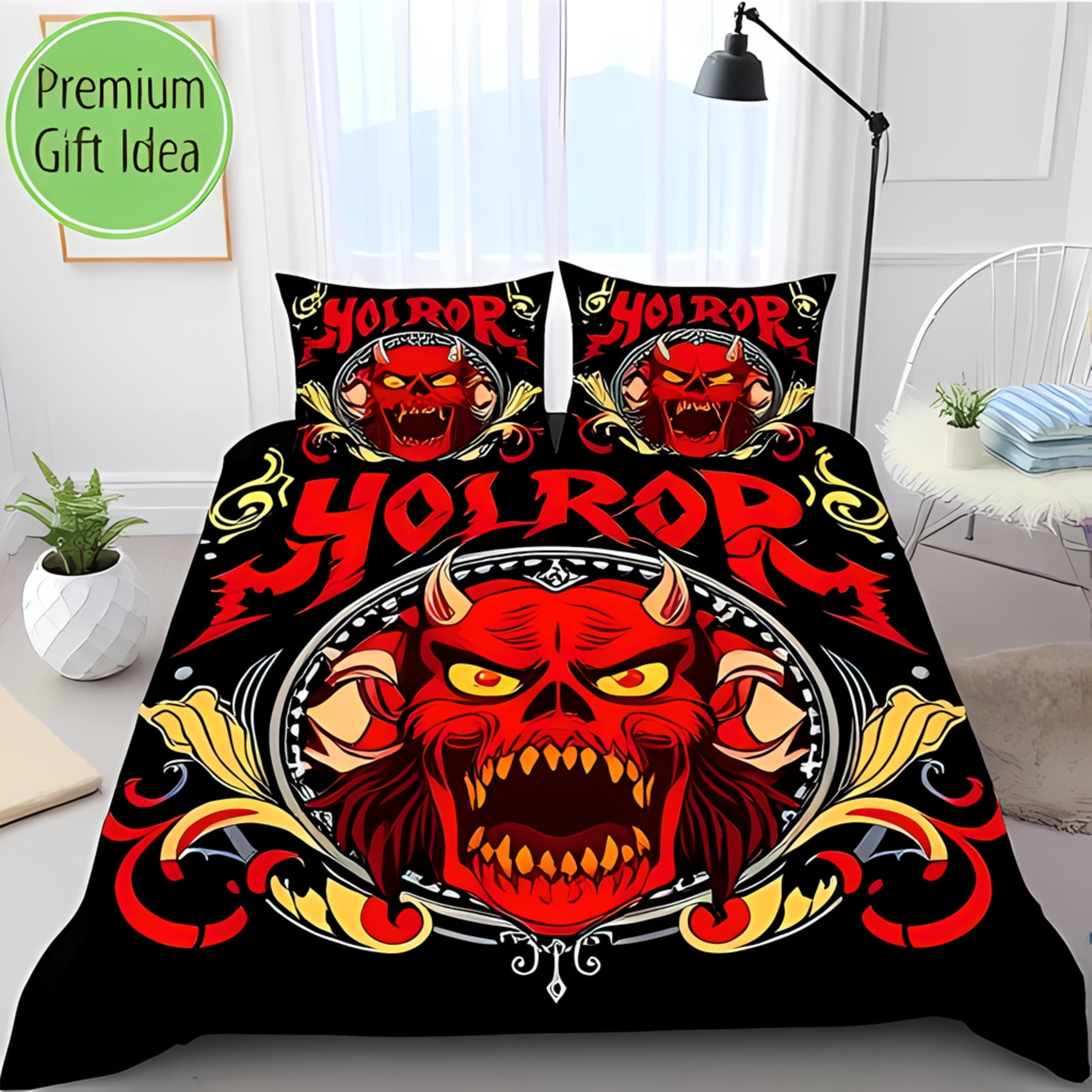 3-Piece Duvet Cover Set with Bold Black Background Menacing Red 's Head ...