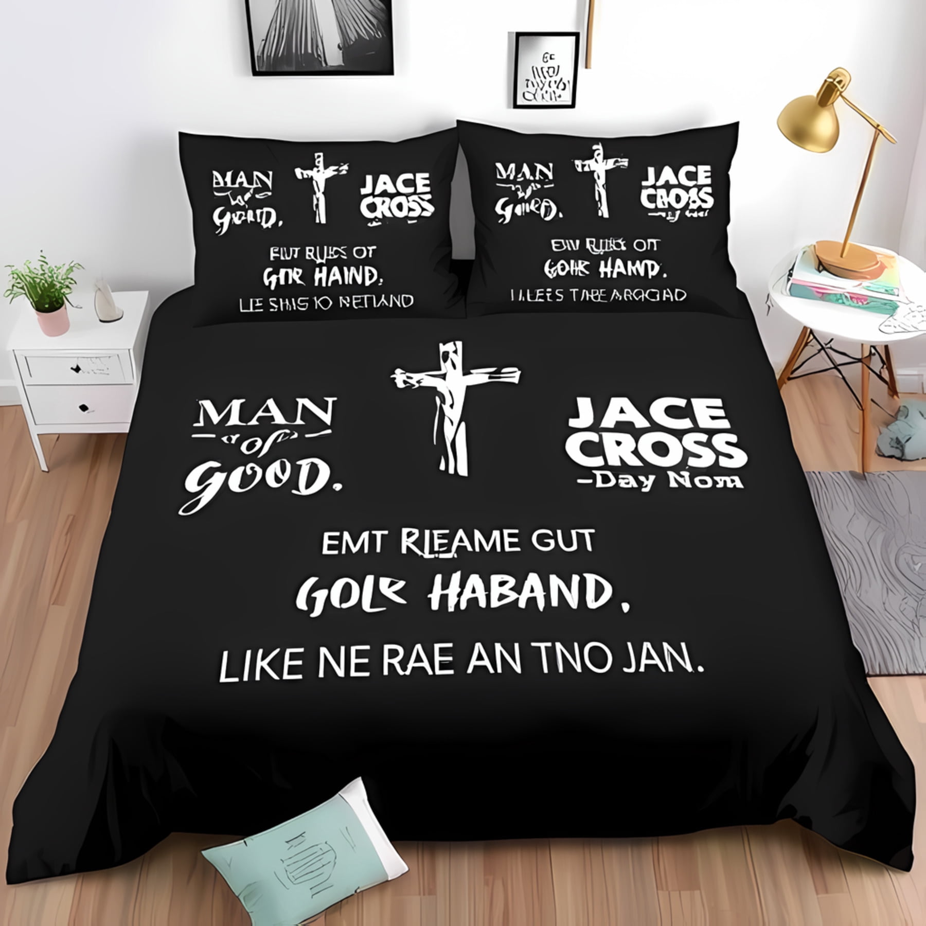 3-Piece Duvet Cover Set with Bold Black Background White Text & Cross ...