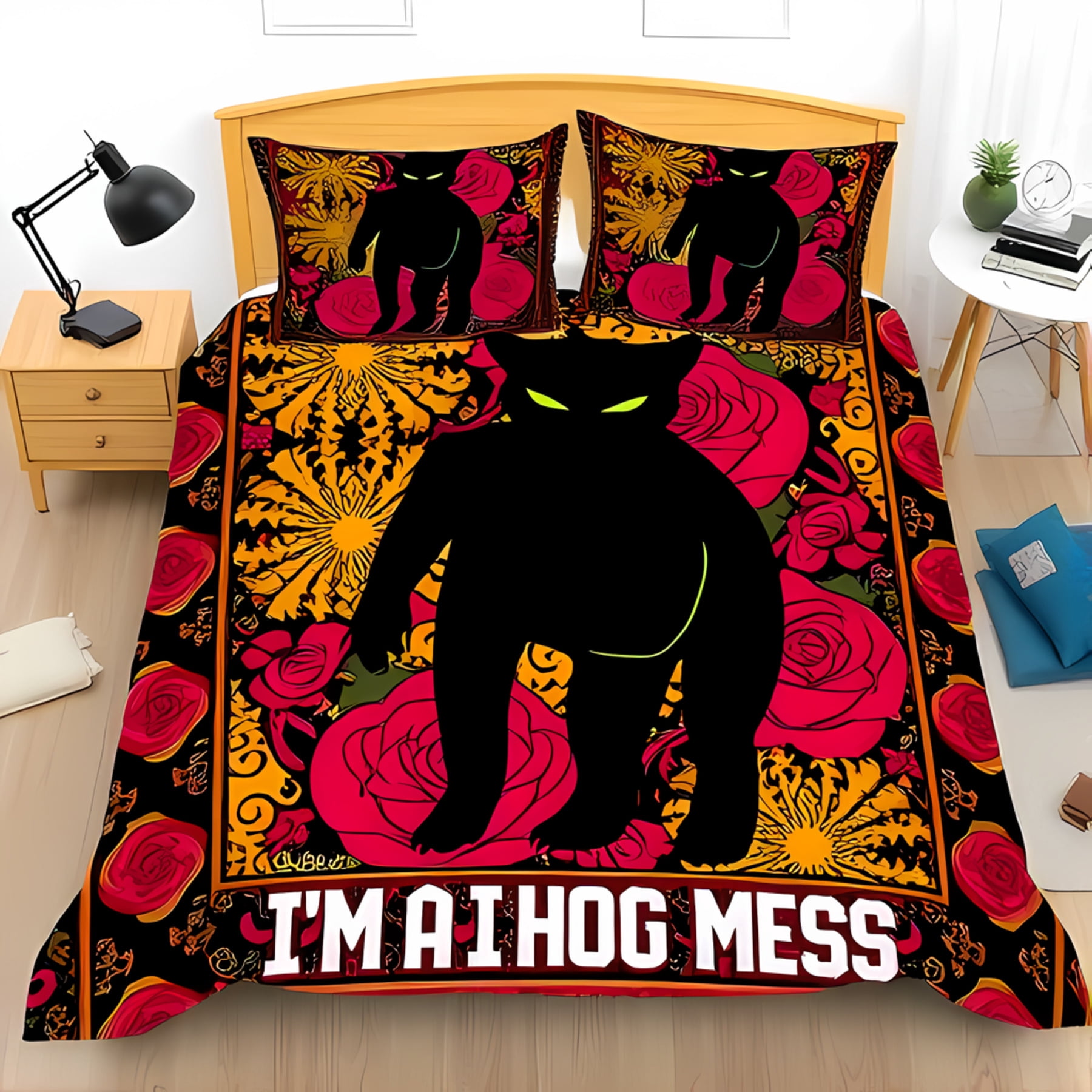 3-Piece Duvet Cover Set with Bold Black Cat Red Roses & Gold Patterns ...