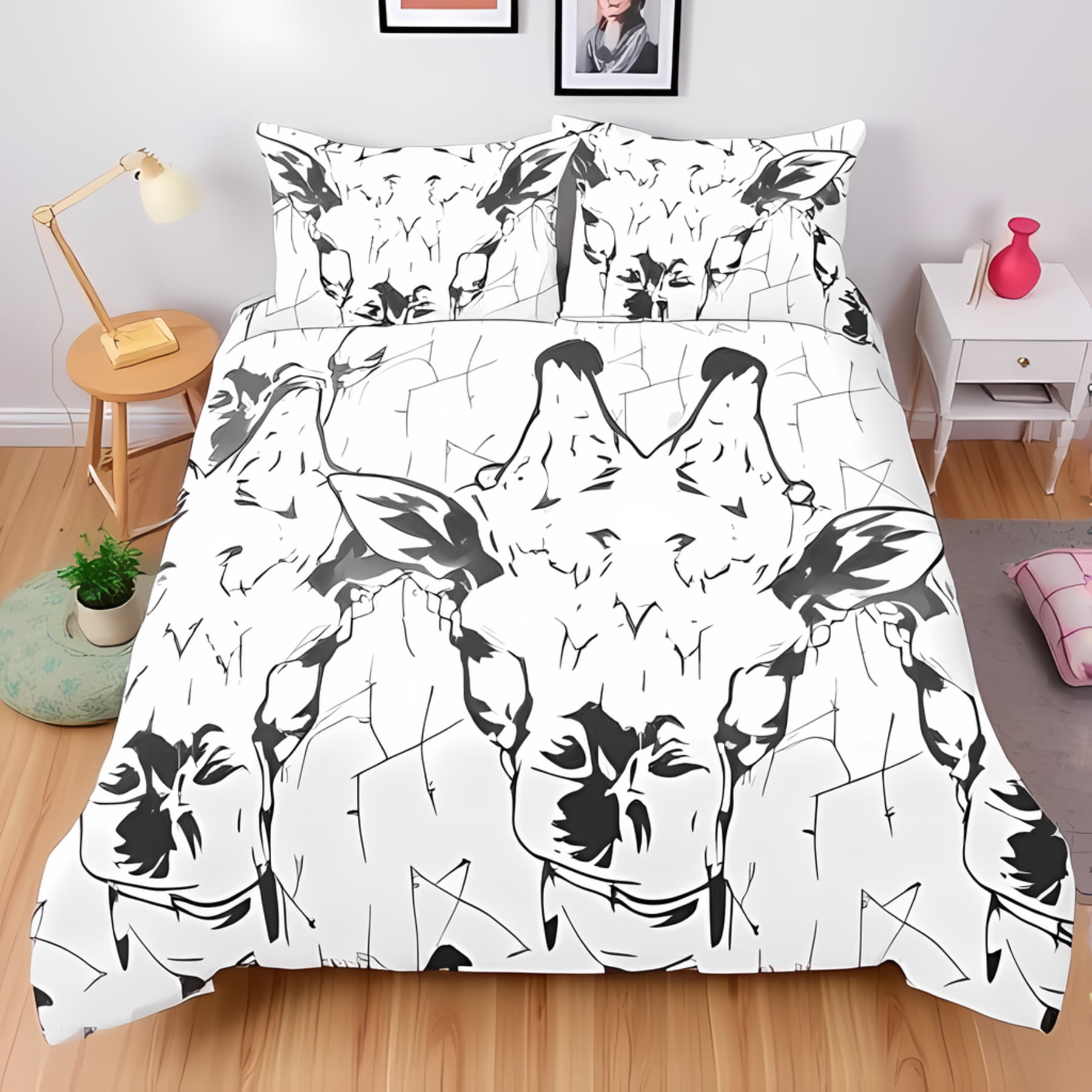 3-Piece Duvet Cover Set with Bold Black Giraffe Heads on White ...