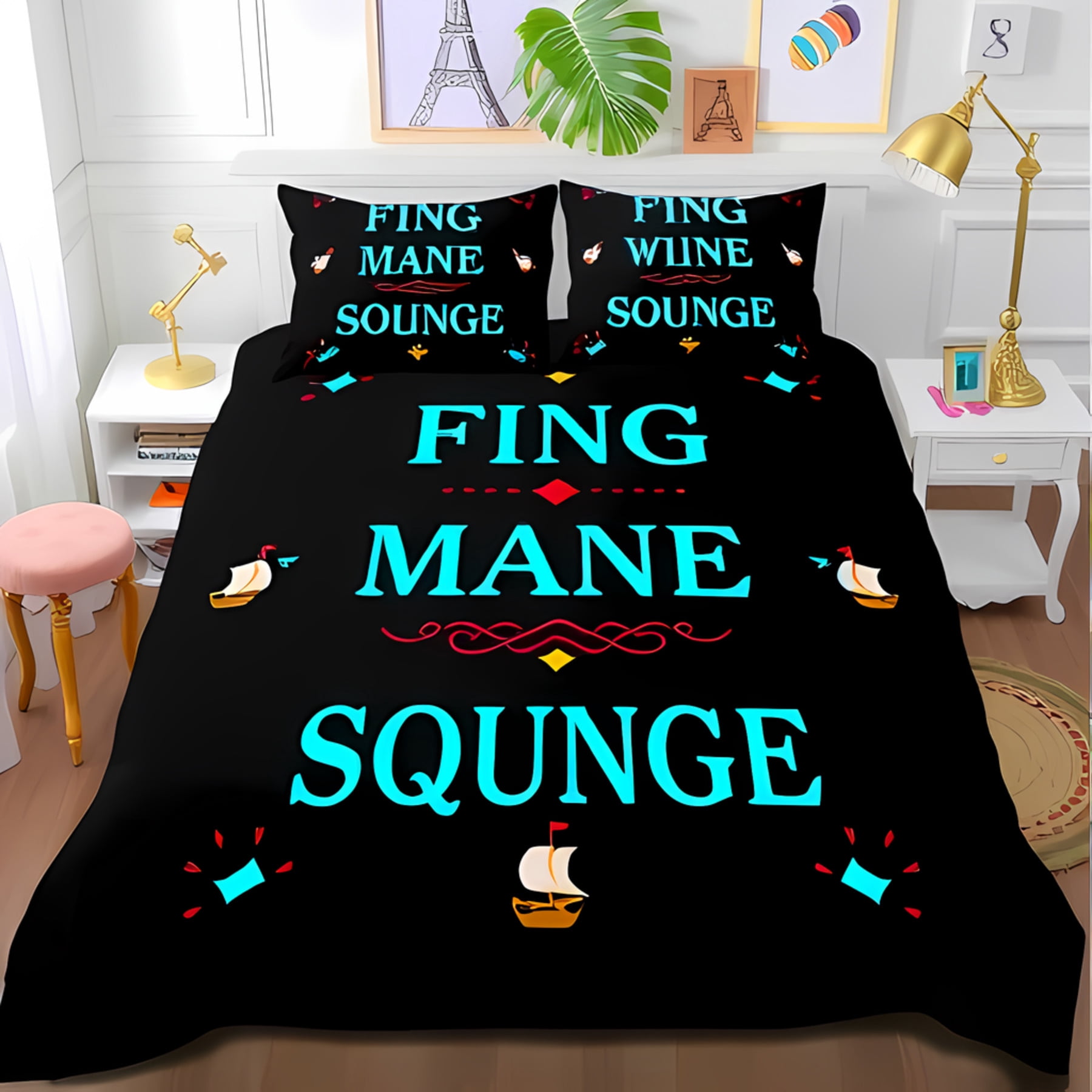 3-Piece Duvet Cover Set with Bold Blue 'FING SQUANGE' Text on Black ...
