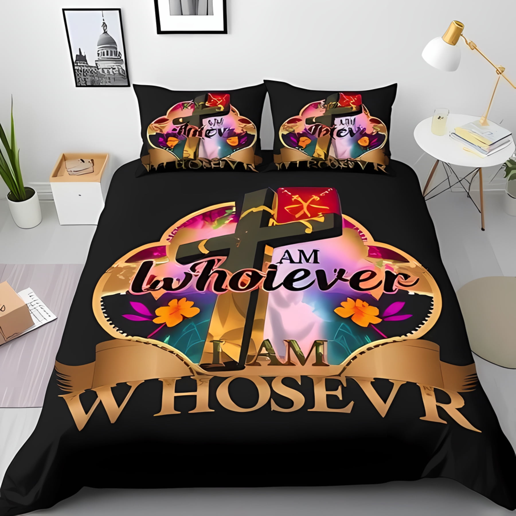 3-Piece Duvet Cover Set with Bold Central Cross Design Floral Patterns ...