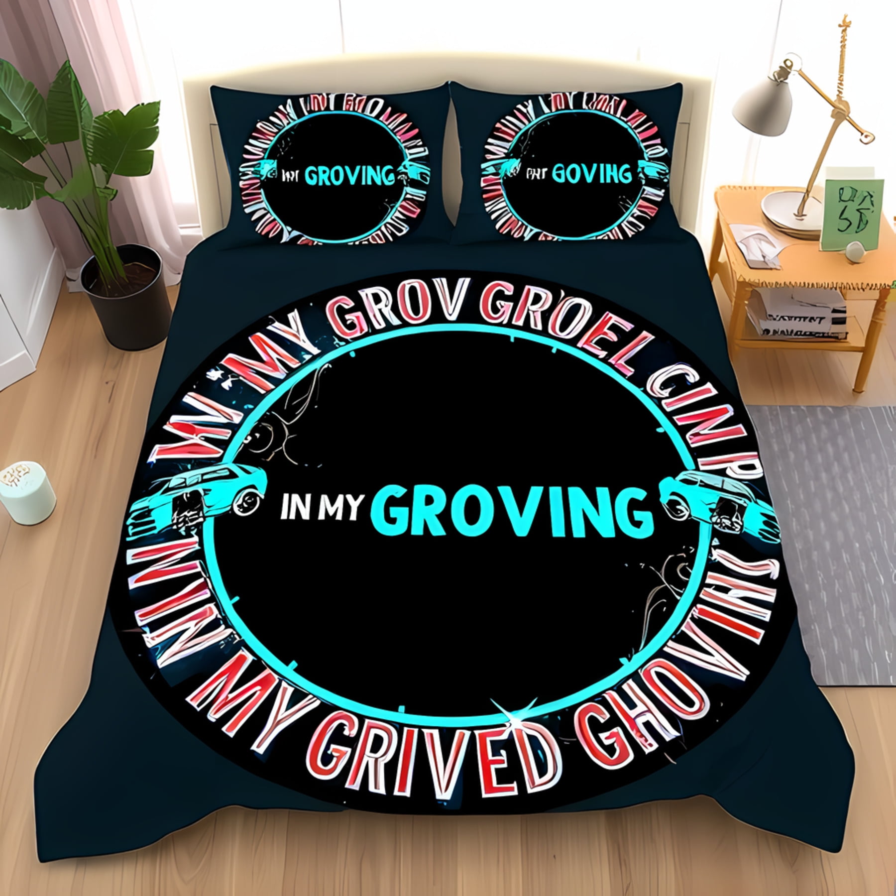 3-Piece Duvet Cover Set with Bold Circular Design and Colorful Text on ...