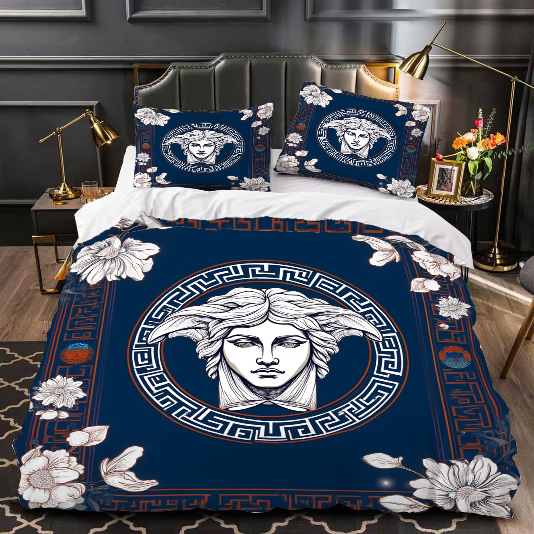 3-Piece Duvet Cover Set with Bold Circular Face Motif & Greek Key ...