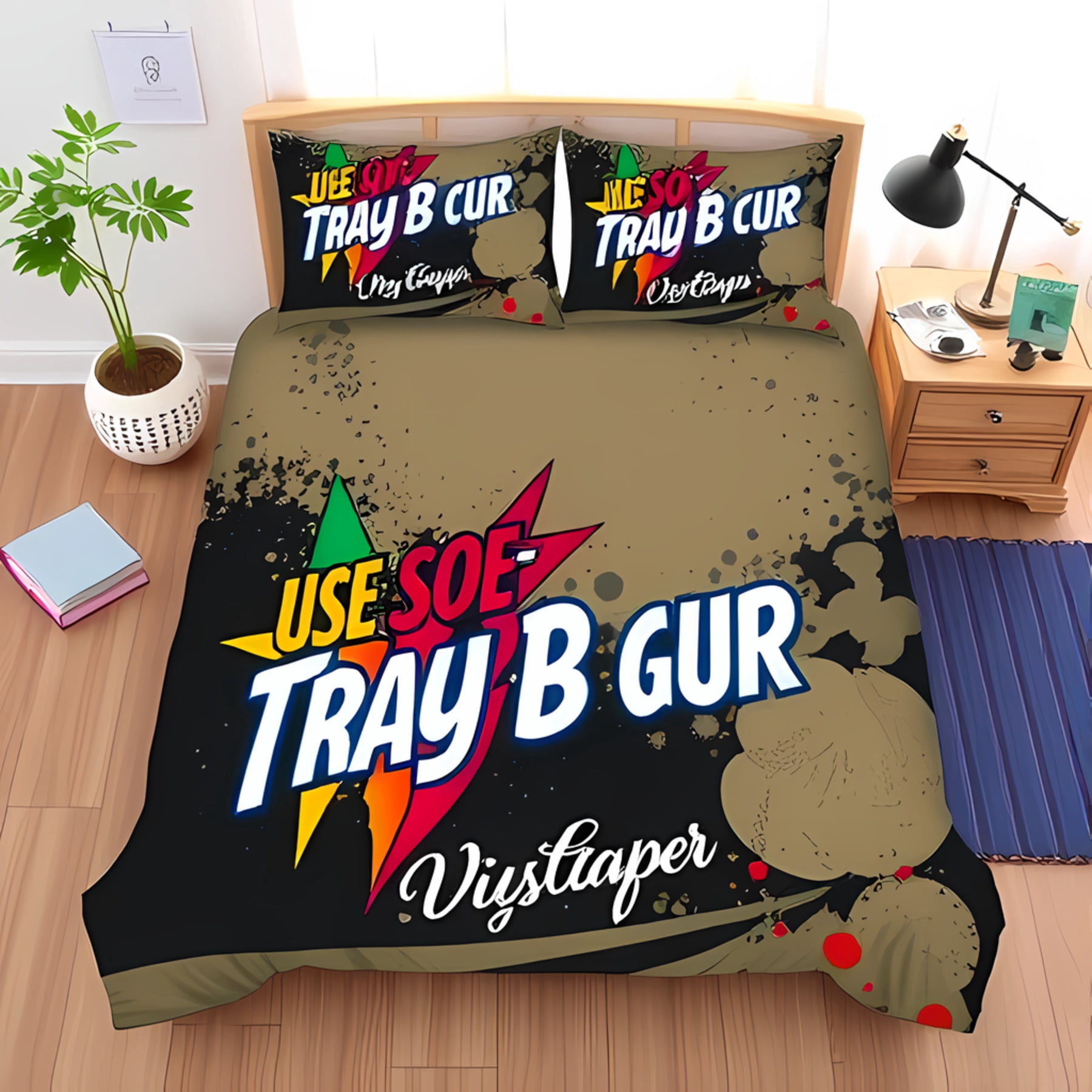 3-Piece Duvet Cover Set with Bold Colorful Text & Graphics on Black ...