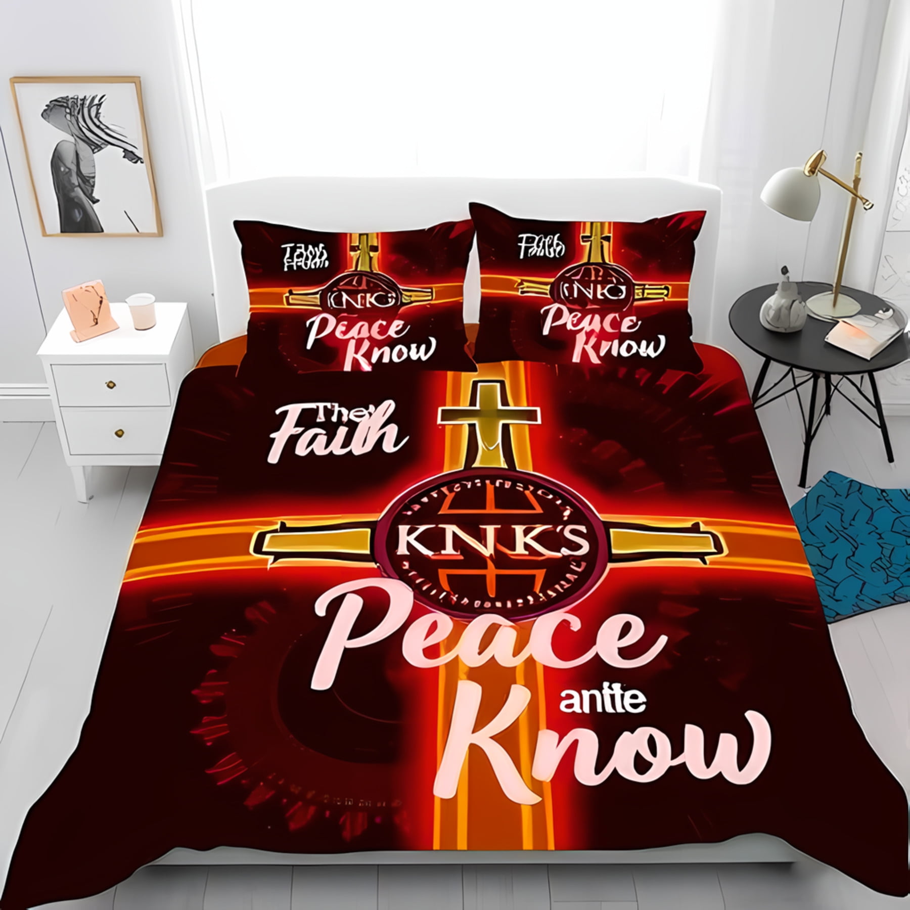 3-Piece Duvet Cover Set with Bold Crimson Illuminated Cross Design and " KNKS Peace and Know ...