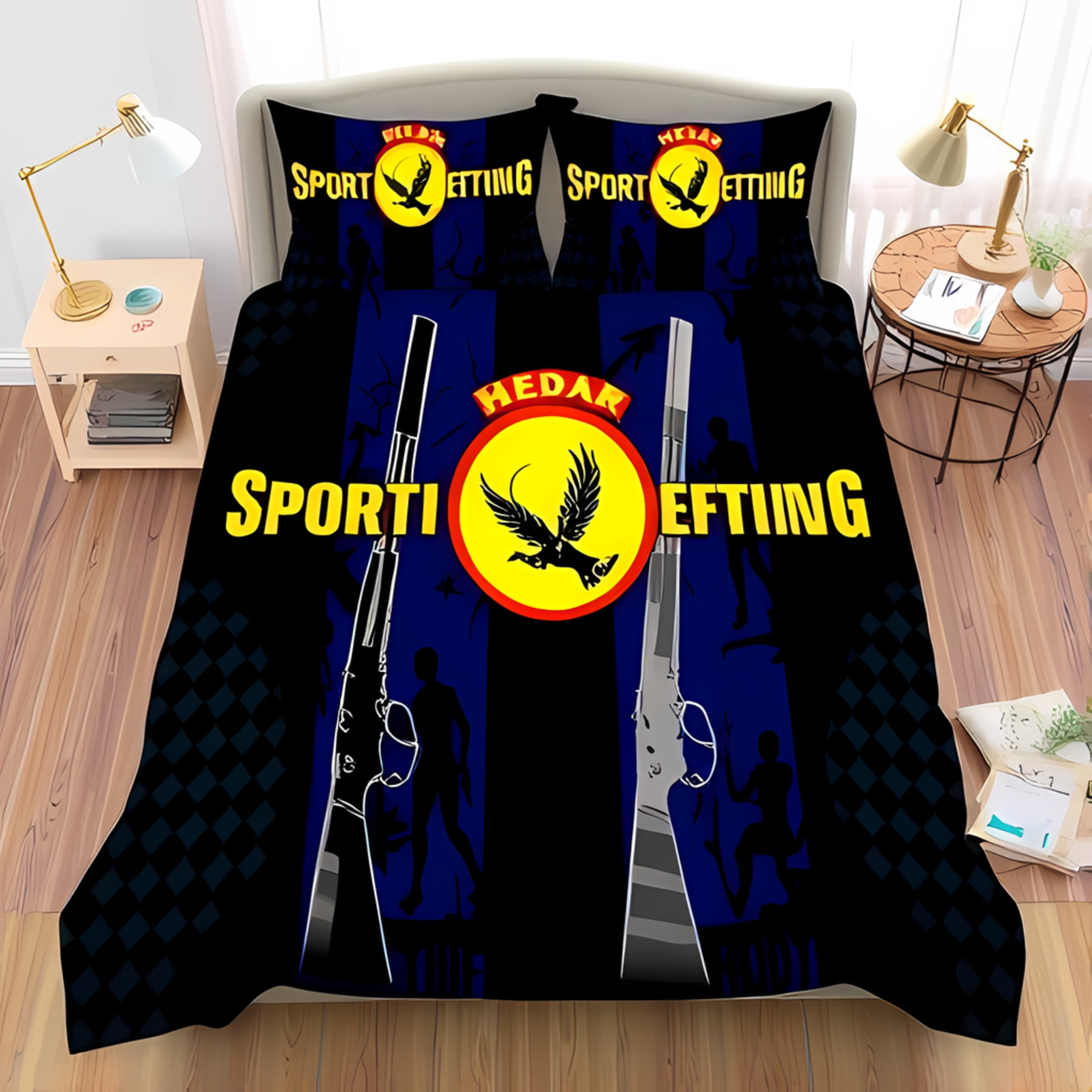 3-Piece Duvet Cover Set with Bold Dark Blue Background & Eagle Design ...