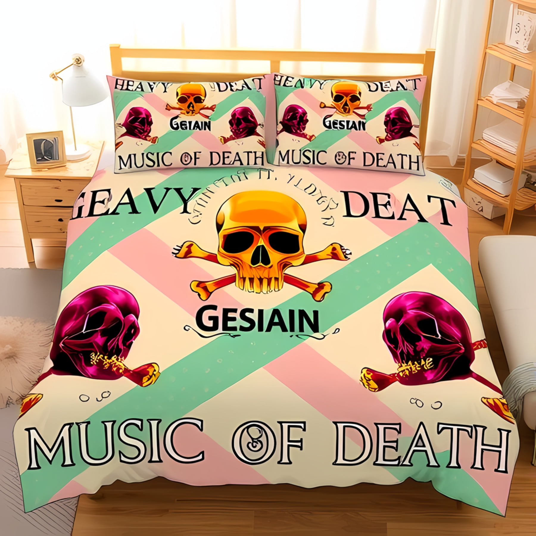 3-Piece Duvet Cover Set with Bold & Design - " HEAVY DEATH " & " MUSIC ...