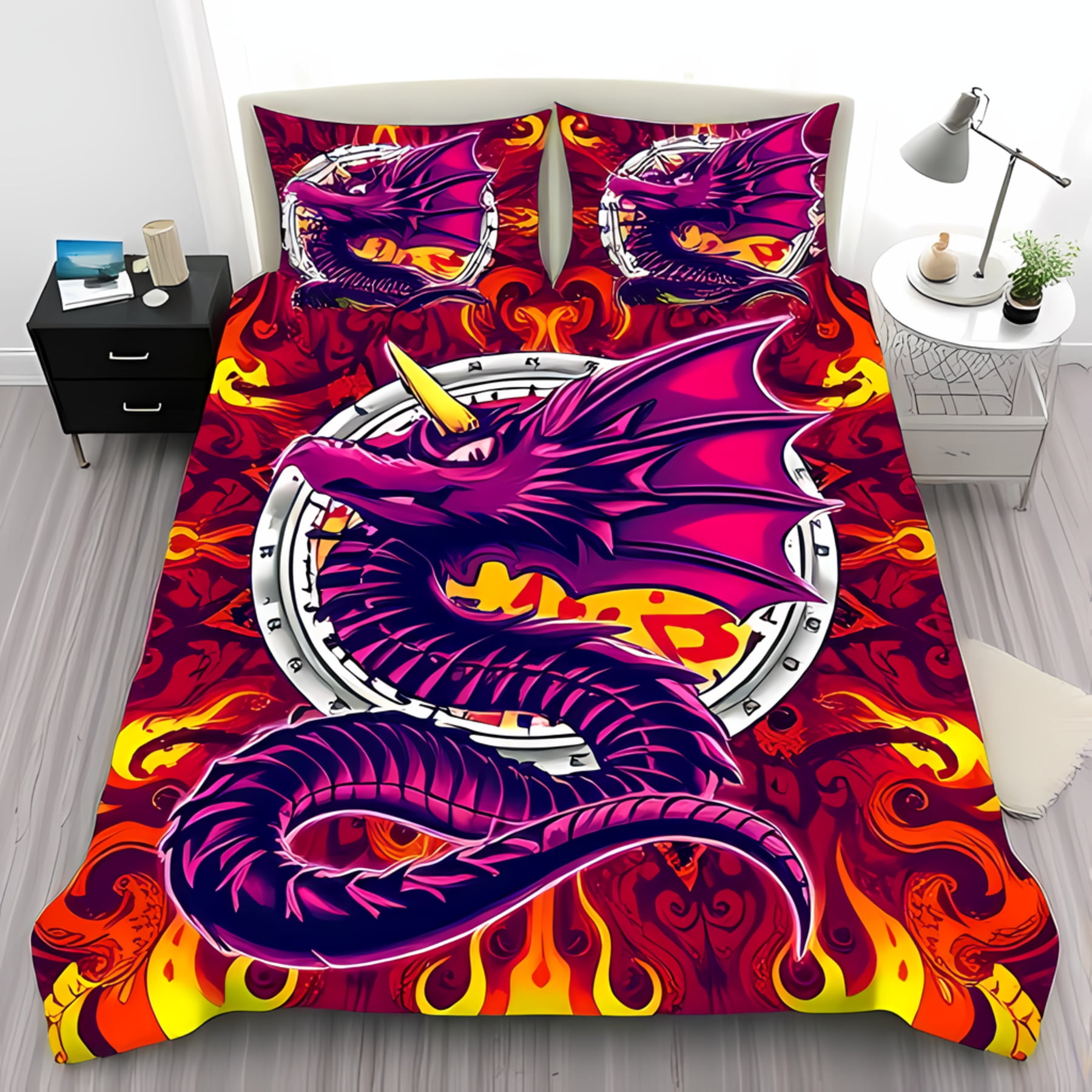 3-Piece Duvet Cover Set with Bold Dragon Design & Clock Face - Fantasy ...