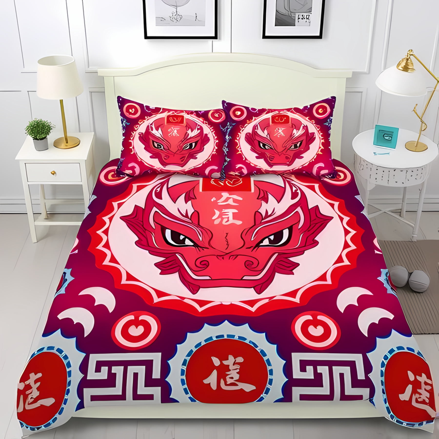 3-Piece Duvet Cover Set with Bold Dragon Design in Rich Reds and Warm ...