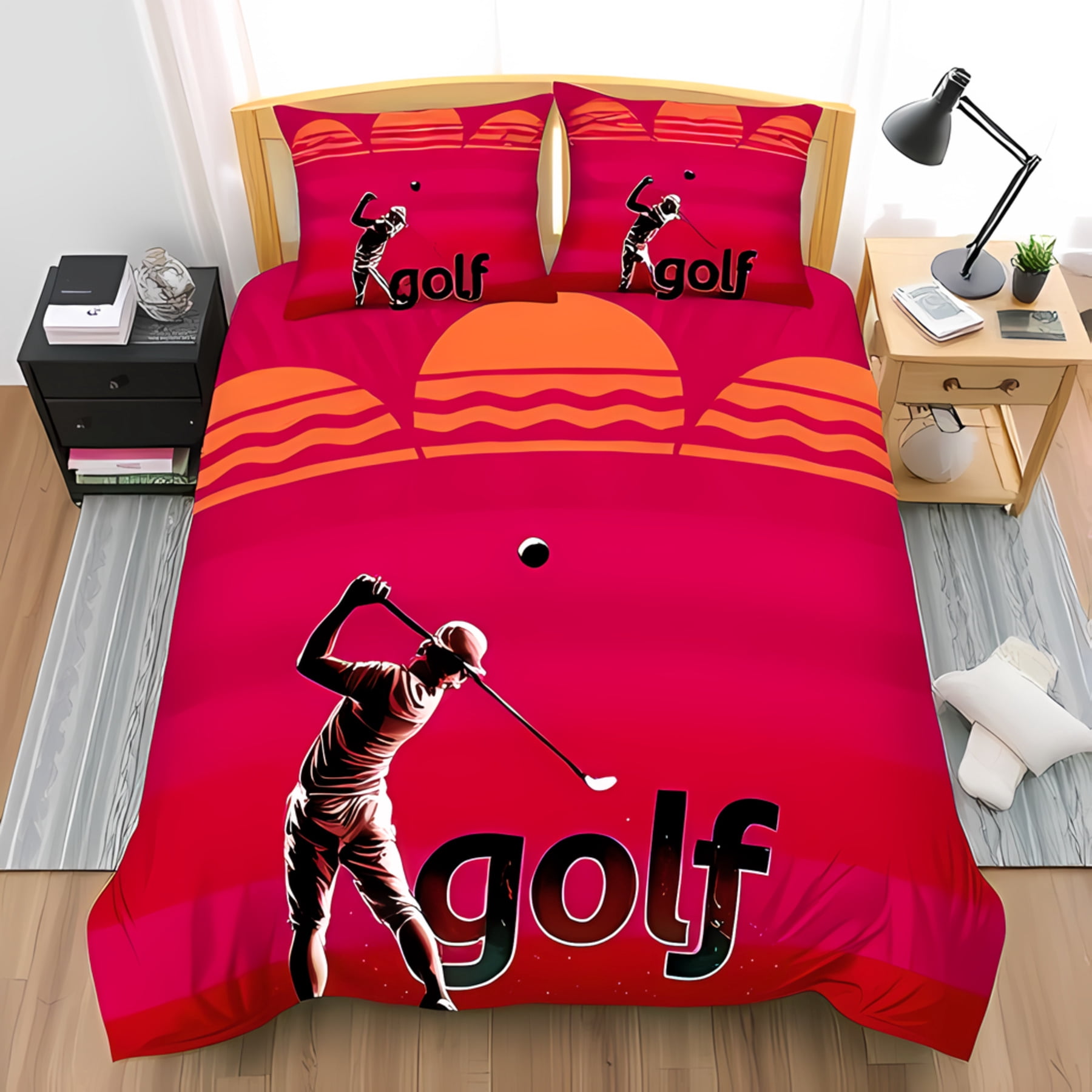 3-Piece Duvet Cover Set with Bold Golfer Graphic Design in Vibrant Red ...