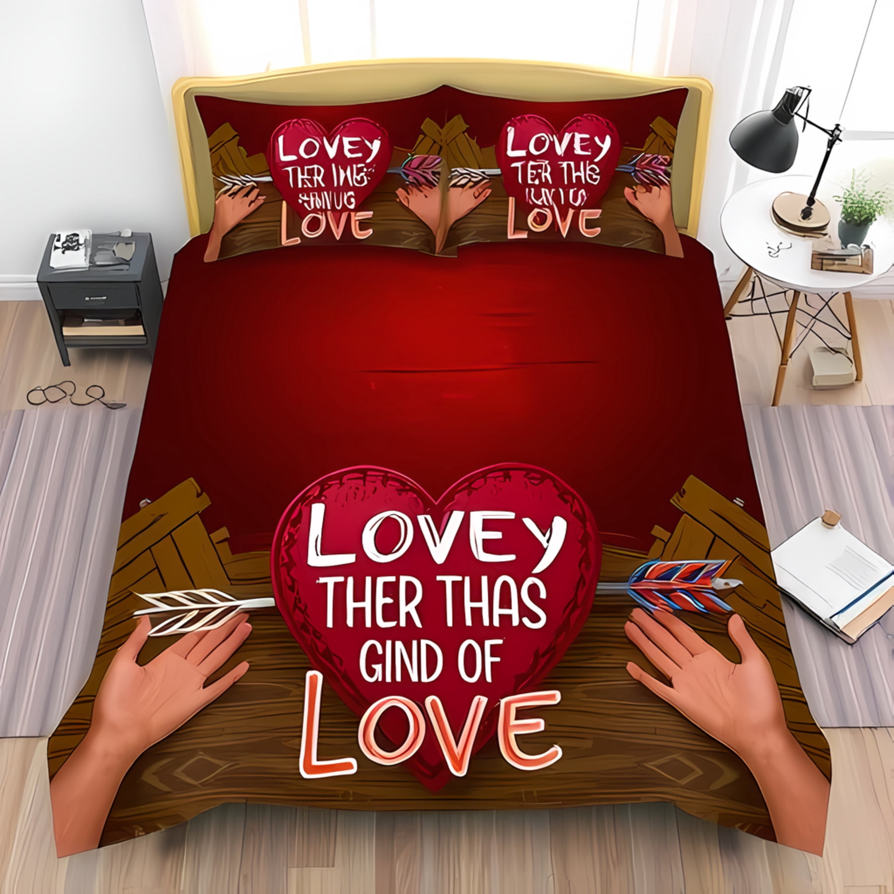 3-Piece Duvet Cover Set with Bold Heart Graphic - "Lovey Ther Thas Kind ...