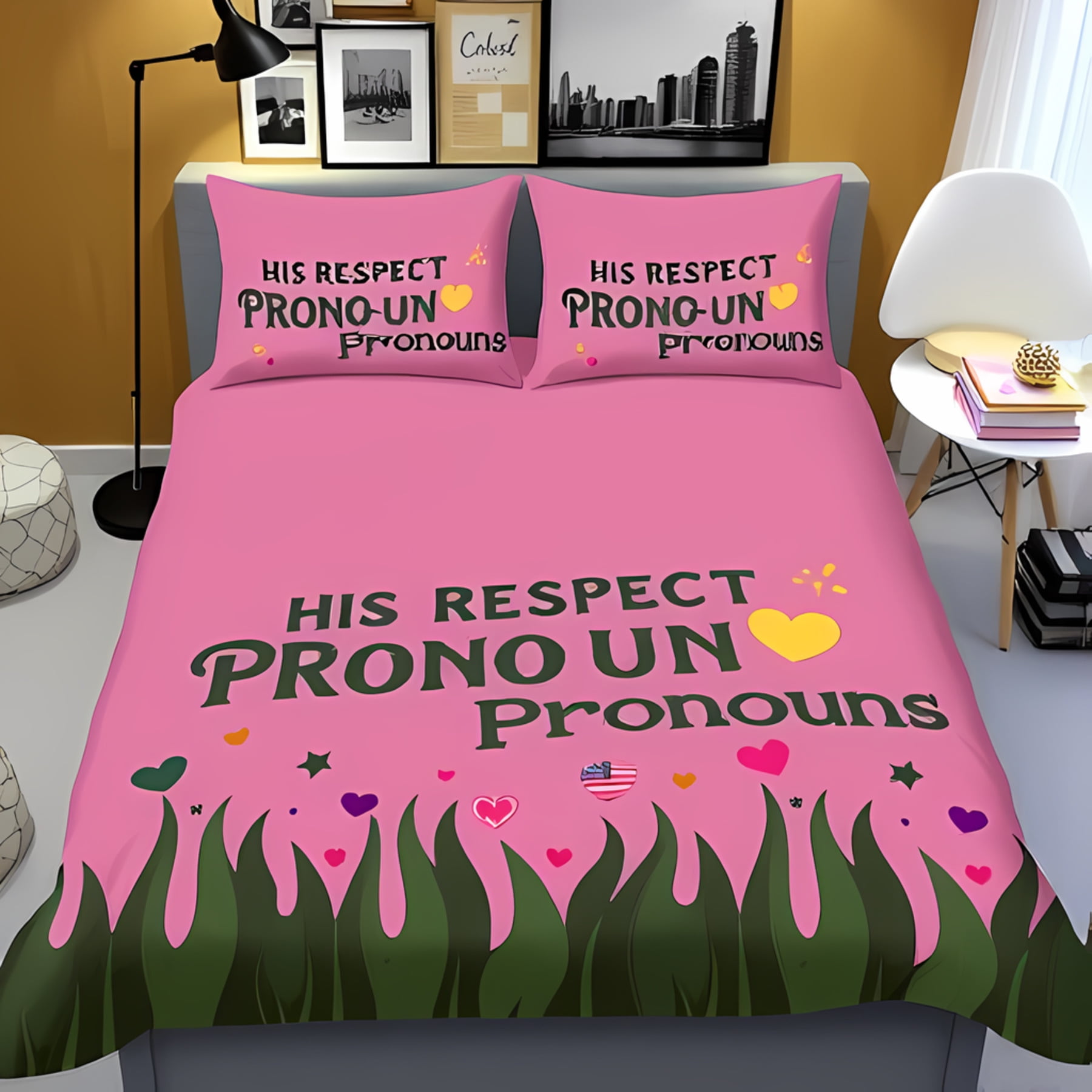 3-Piece Duvet Cover Set with Bold 'His Respect Pronouns' Text Colorful ...