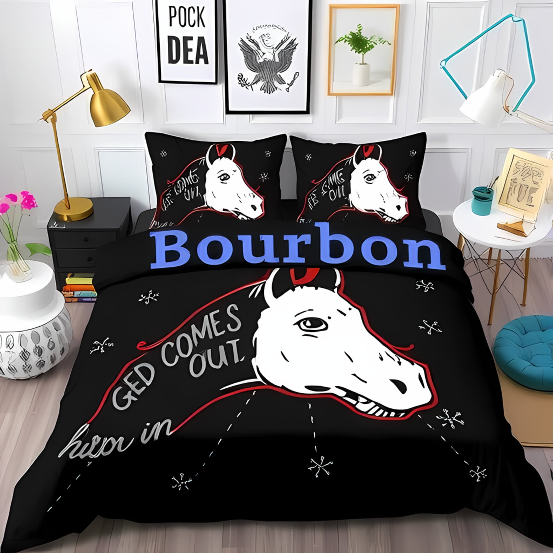 3-Piece Duvet Cover Set with Bold Horse Head Design and 'Bourbon' Text ...