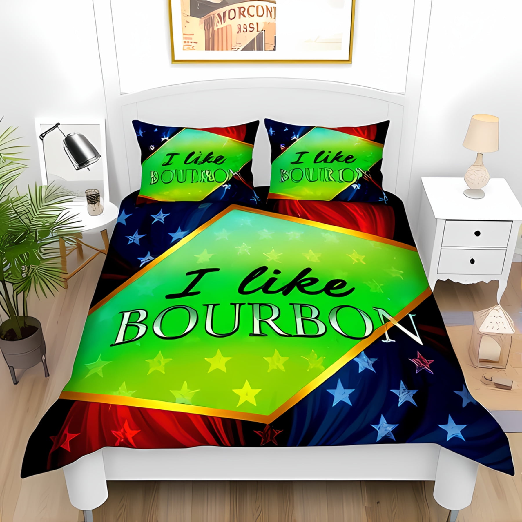 3-Piece Duvet Cover Set with Bold 'I Like BOURBON' Design on Green ...