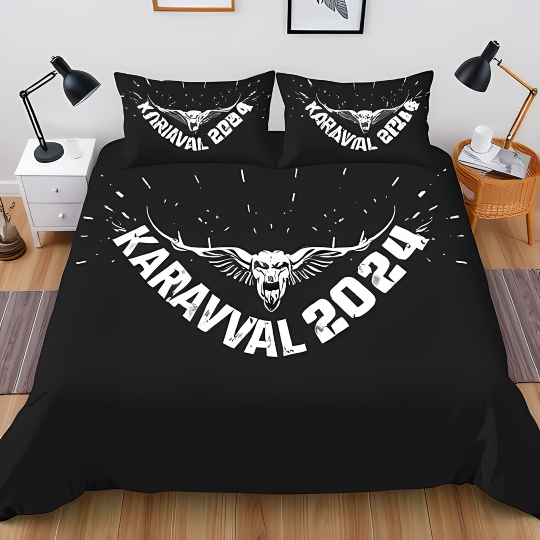 3-Piece Duvet Cover Set with Bold 'KARAVAL 2024' & Wings Design Black ...
