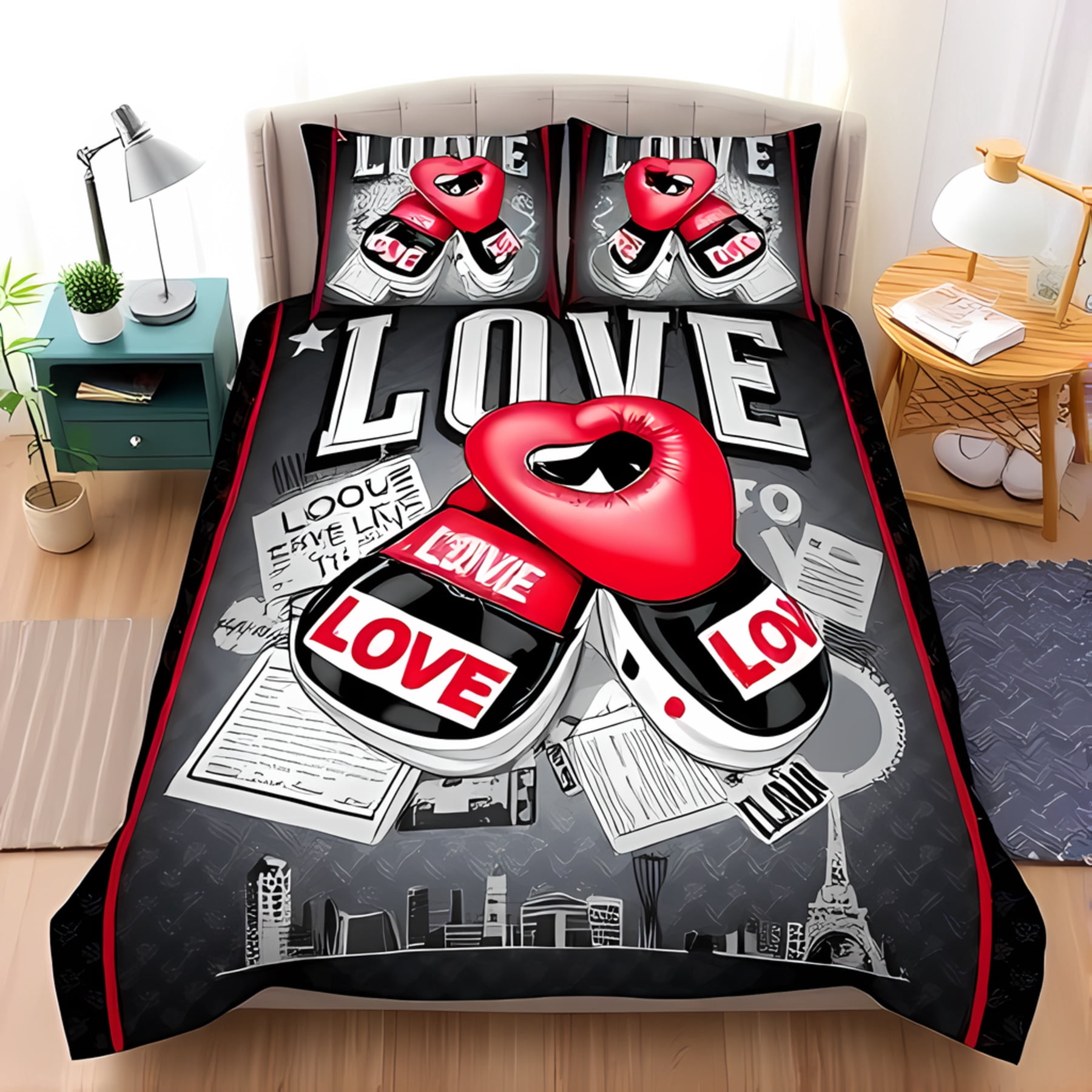 3-Piece Duvet Cover Set with Bold 'LOVE' Design Framed by Red Boxing ...